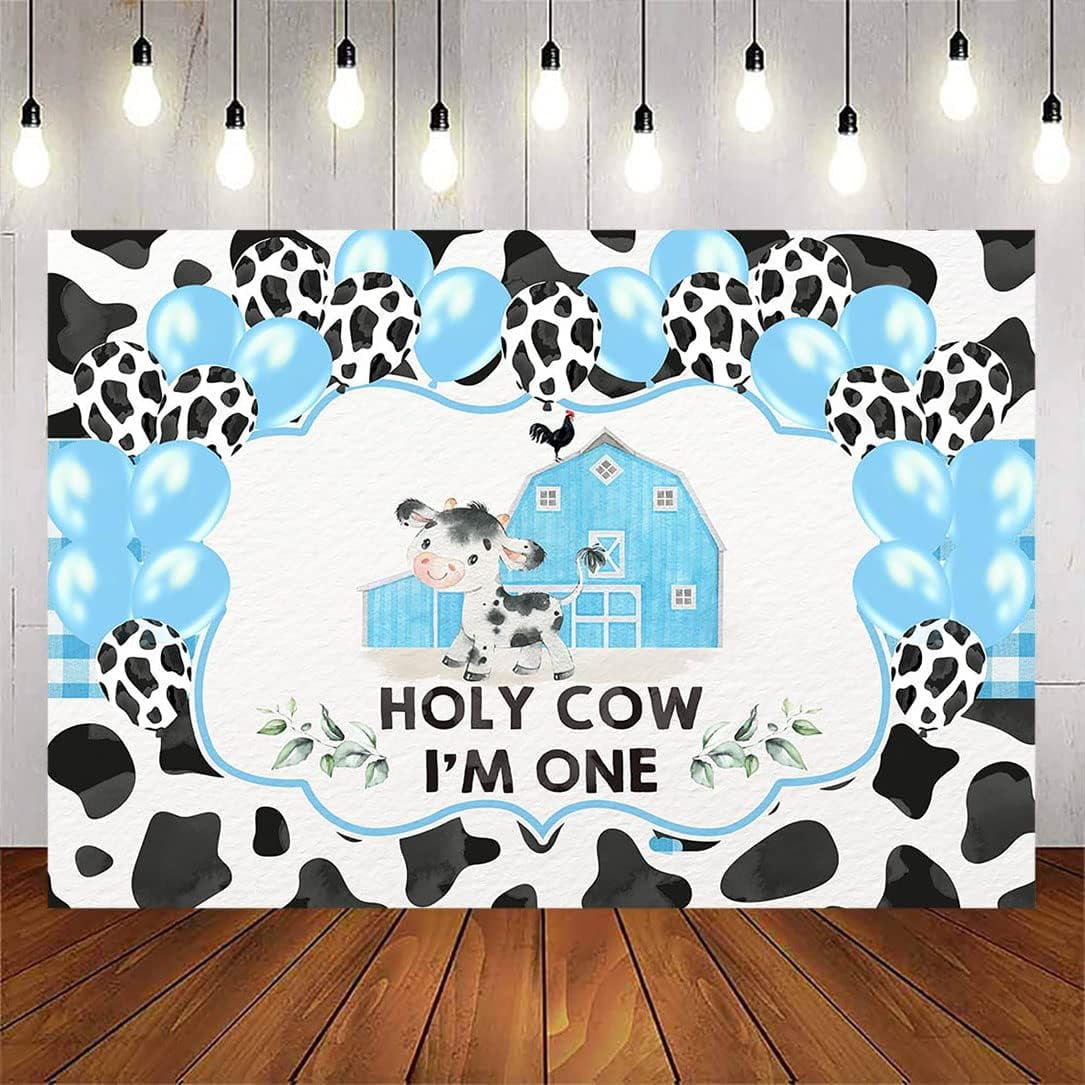 Holy Cow I'm One Backdrop for Boy Blue Cow Happy First Birthday Party ...