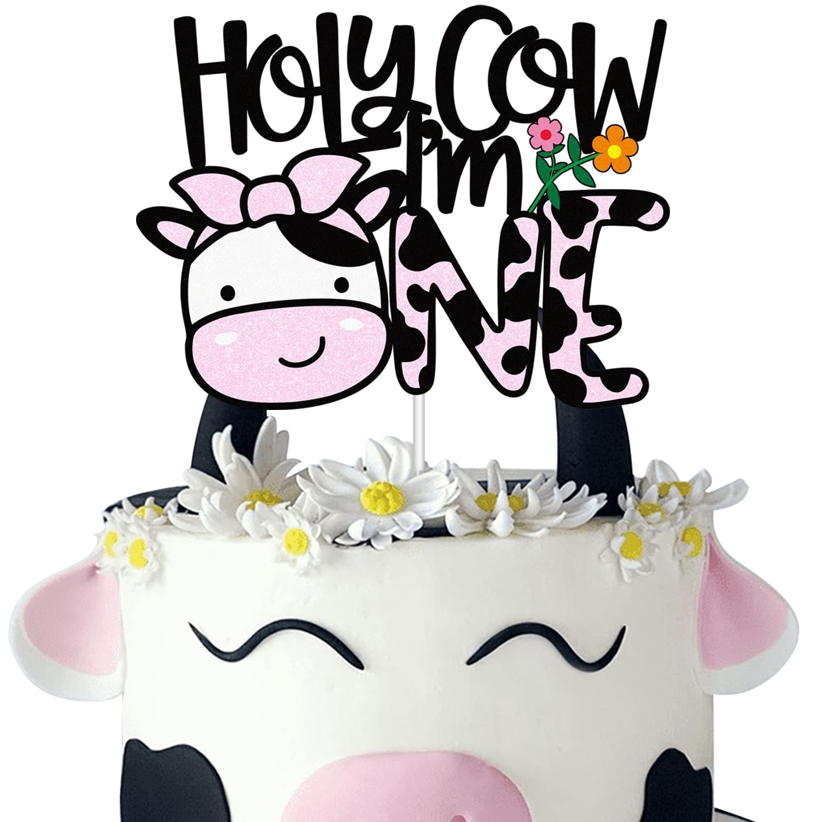 Holy Cow I'M One Cake Topper RST1 - Pink And Black Glitter Farm Animals ...