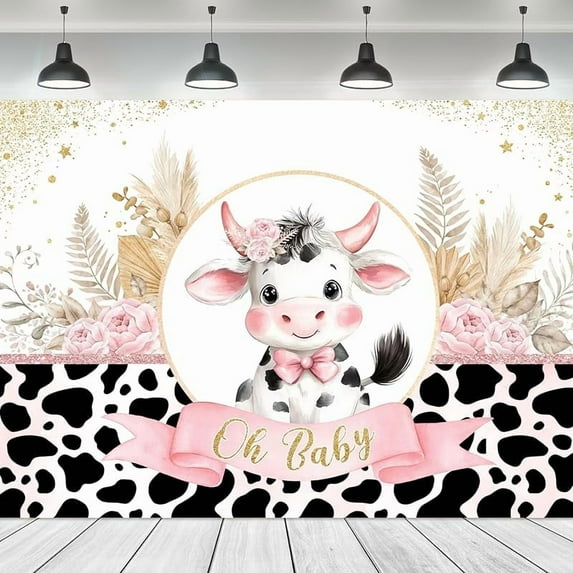Holy Cows Baby Shower Backdrop for Girls Oh Baby Pink Cow Print Baby ...