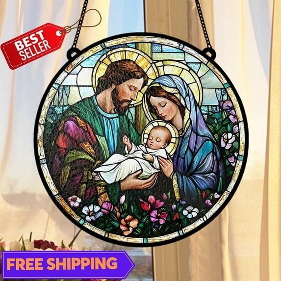 Holy Family Nativity Suncatcher, Glass-Effect Round Catholic Window ...