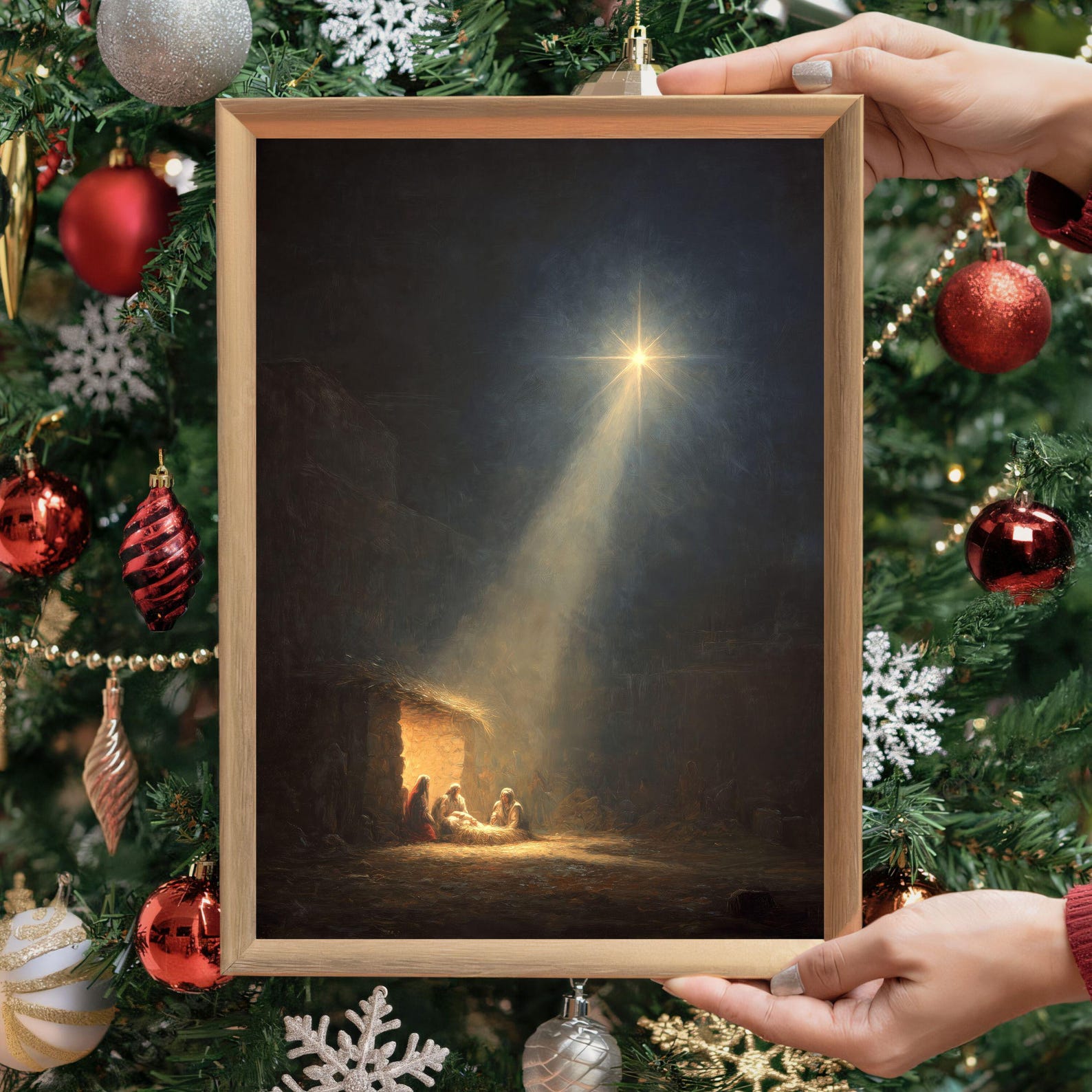 Holy Family Nativity Under Star of Bethlehem, Glowing Manger Painting ...