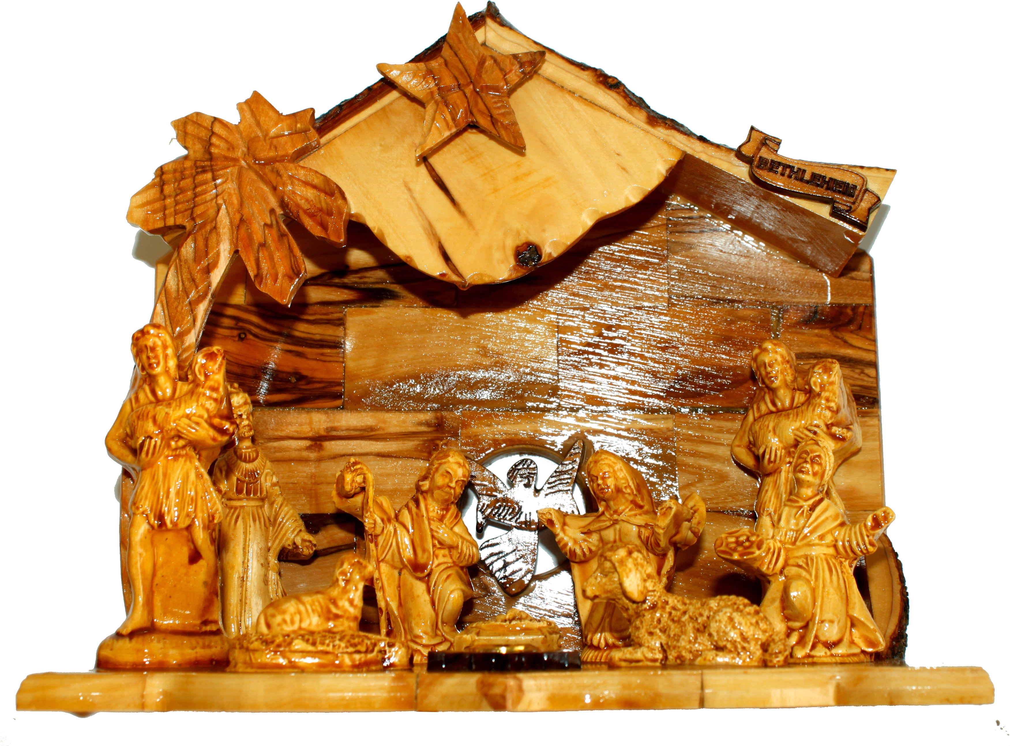 Holy Land Market Musical Olive Wood Nativity Set with Rustic Stable ...