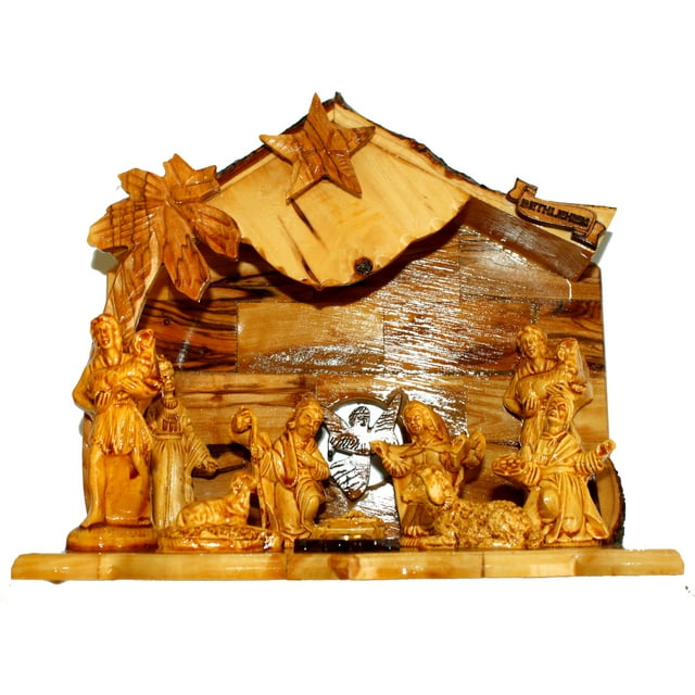 Holy Land Market Musical Olive Wood Nativity Set with Rustic Stable ...