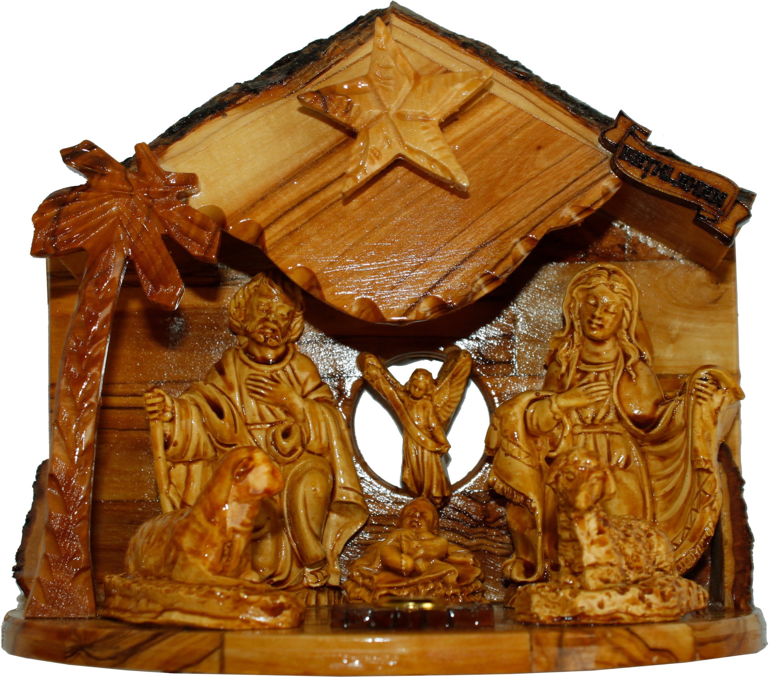 Holy Land Market Musical Olive Wood Nativity Set with Rustic Stable ...