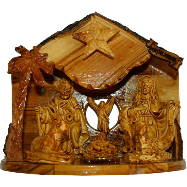 Holy Land Market Musical Olive Wood Nativity Set with Rustic Stable ...