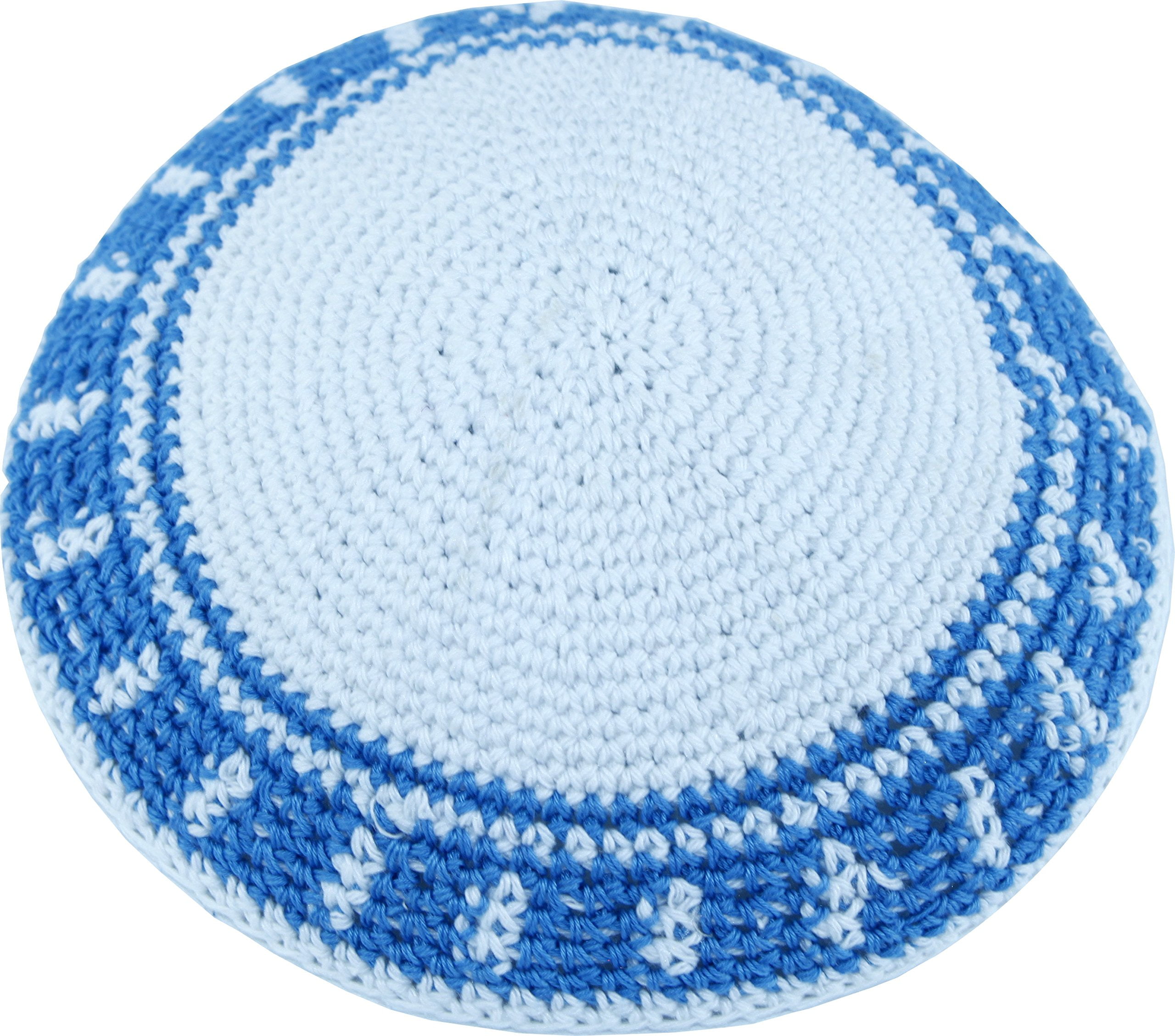 Holy Land Market White/Sky Blue 17cm DMC 100% Knitted Cotton Kippah ...