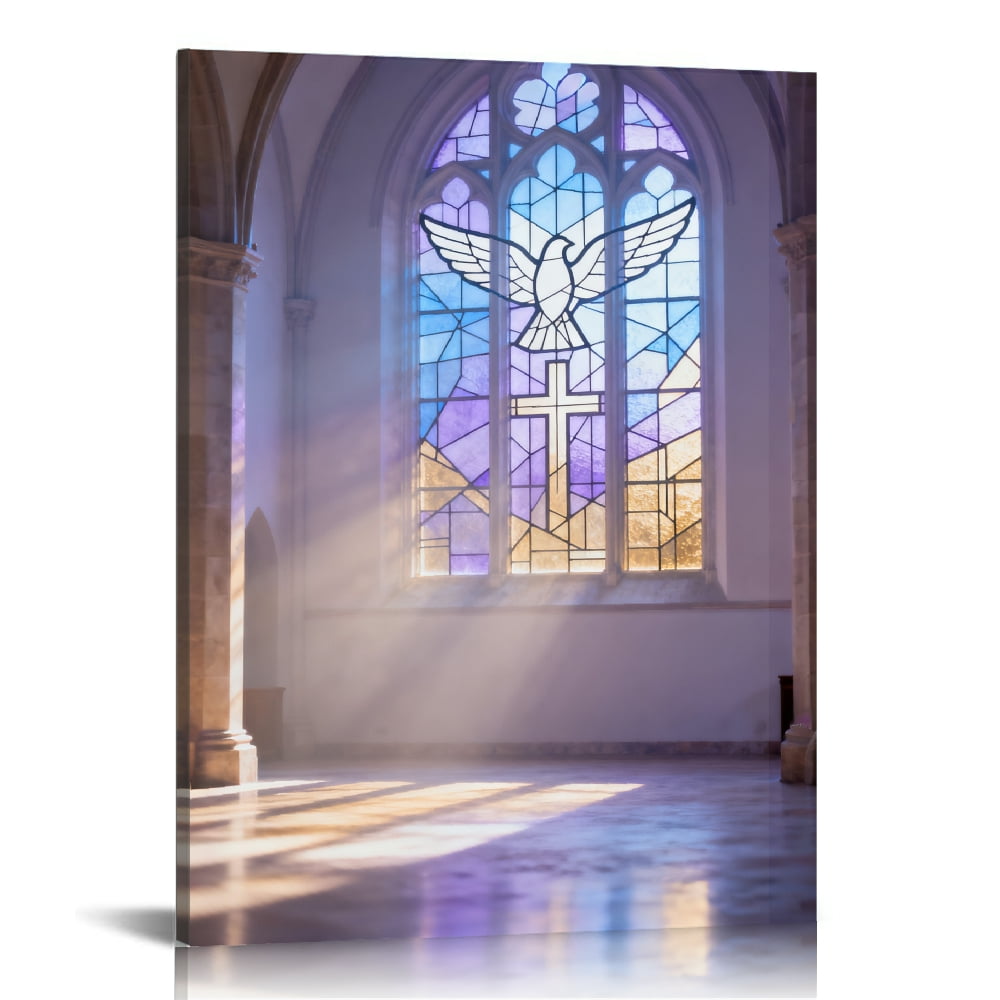Holy Light Church Stained Glass Dove & Cross Printed Canvas Wall Art ...