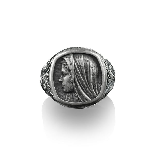 Holy Mother Virgin Mary, Sterling Silver Square Signet Ring, Catholic ...
