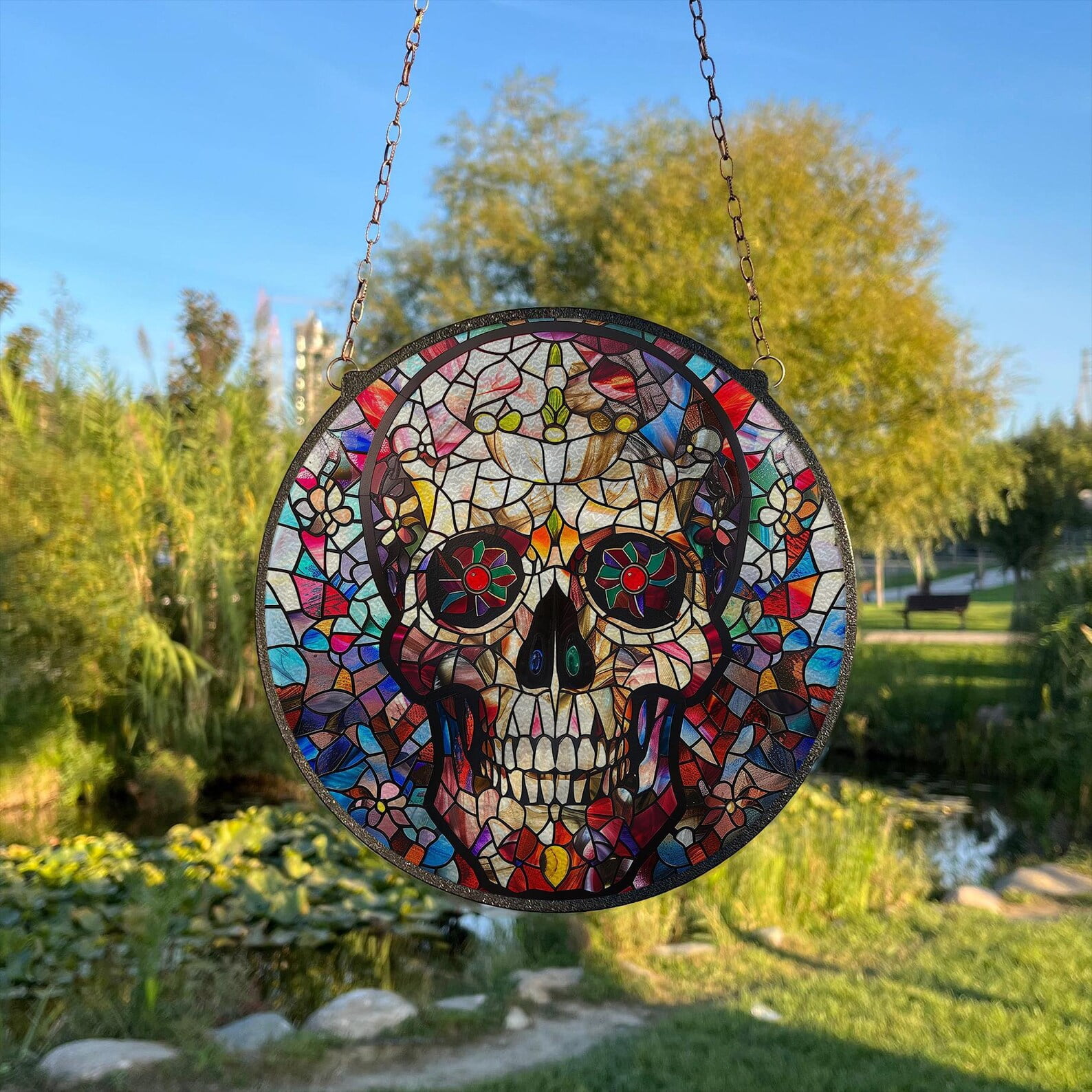 Holy Skull Painted Stained Glass Suncatcher, Window Hanging Decor ...