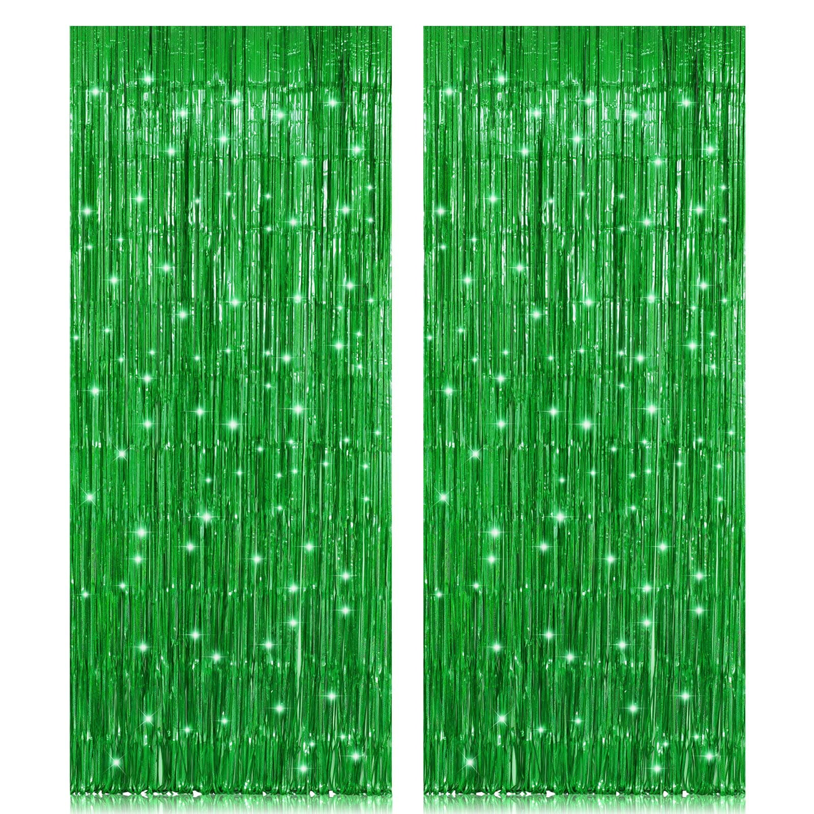 Green Foil Fringe Curtain, Holytech 2 Pack 3.2ft x 8.2ft Metallic Tinsel Foil Fringe Rain ...
