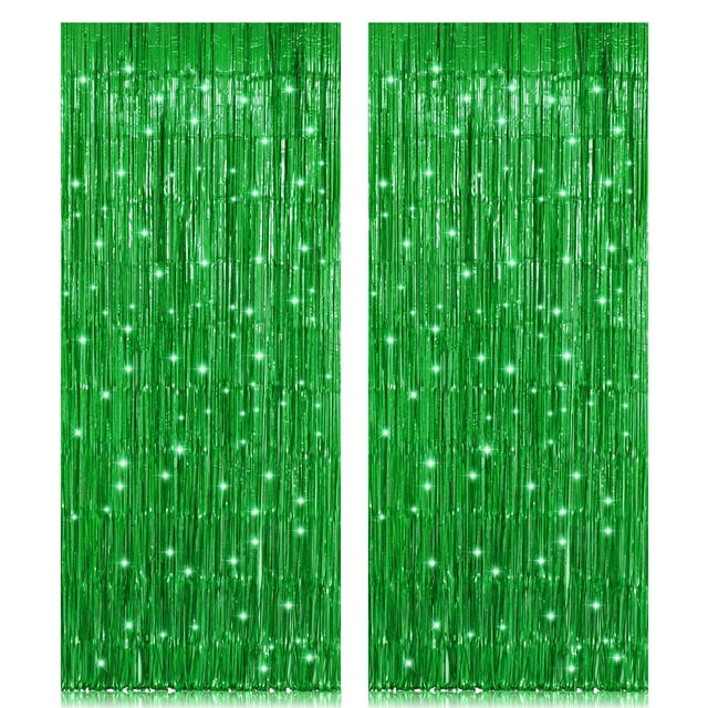 Green Foil Fringe Curtain, Holytech 2 Pack 3.2ft x 8.2ft Metallic Tinsel Foil Fringe Rain ...