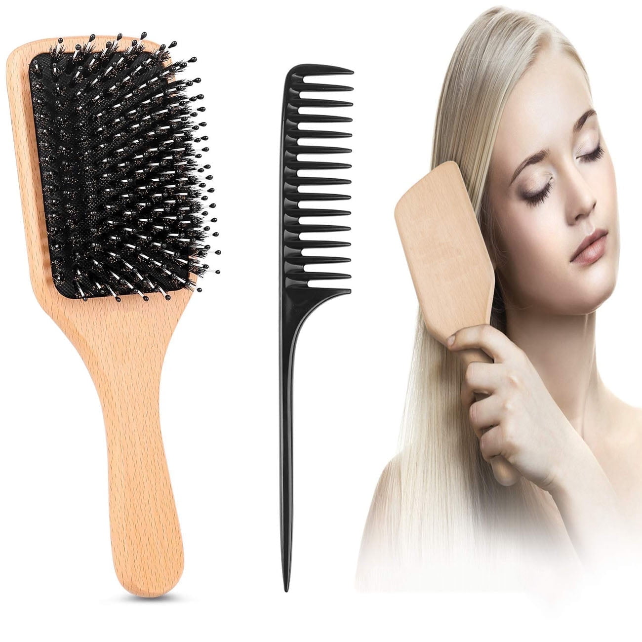 Holytech 2 Pcs Hair Brush Boar Bristle Hairbrush for Thick Curly Thin ...
