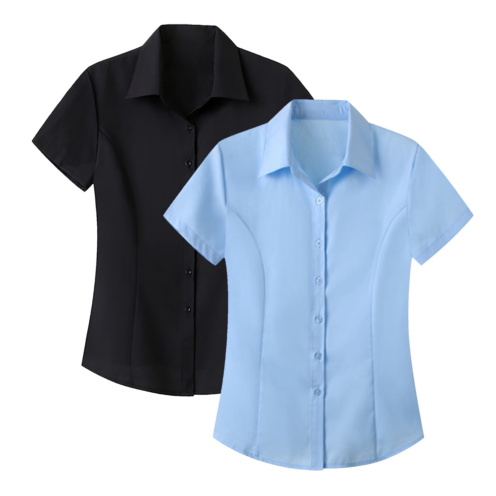 Holzkary 2Pc Women's Basic Button Up Shirt Short Sleeve Collared Shirts ...