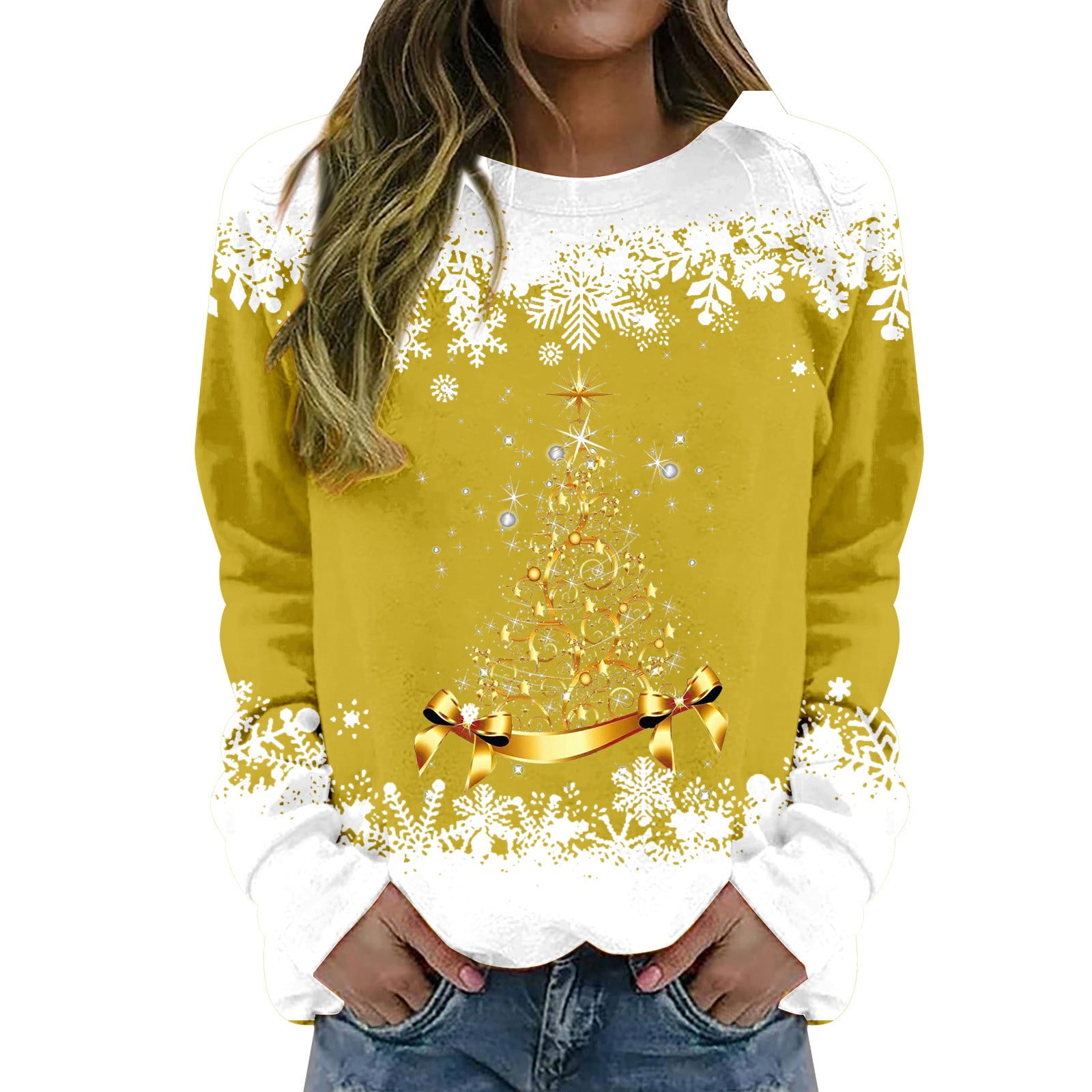 Holzkary Christmas Sweatshirt for Women Crewneck Loose Christmas Tree Print Long Sleeve Pullover ...