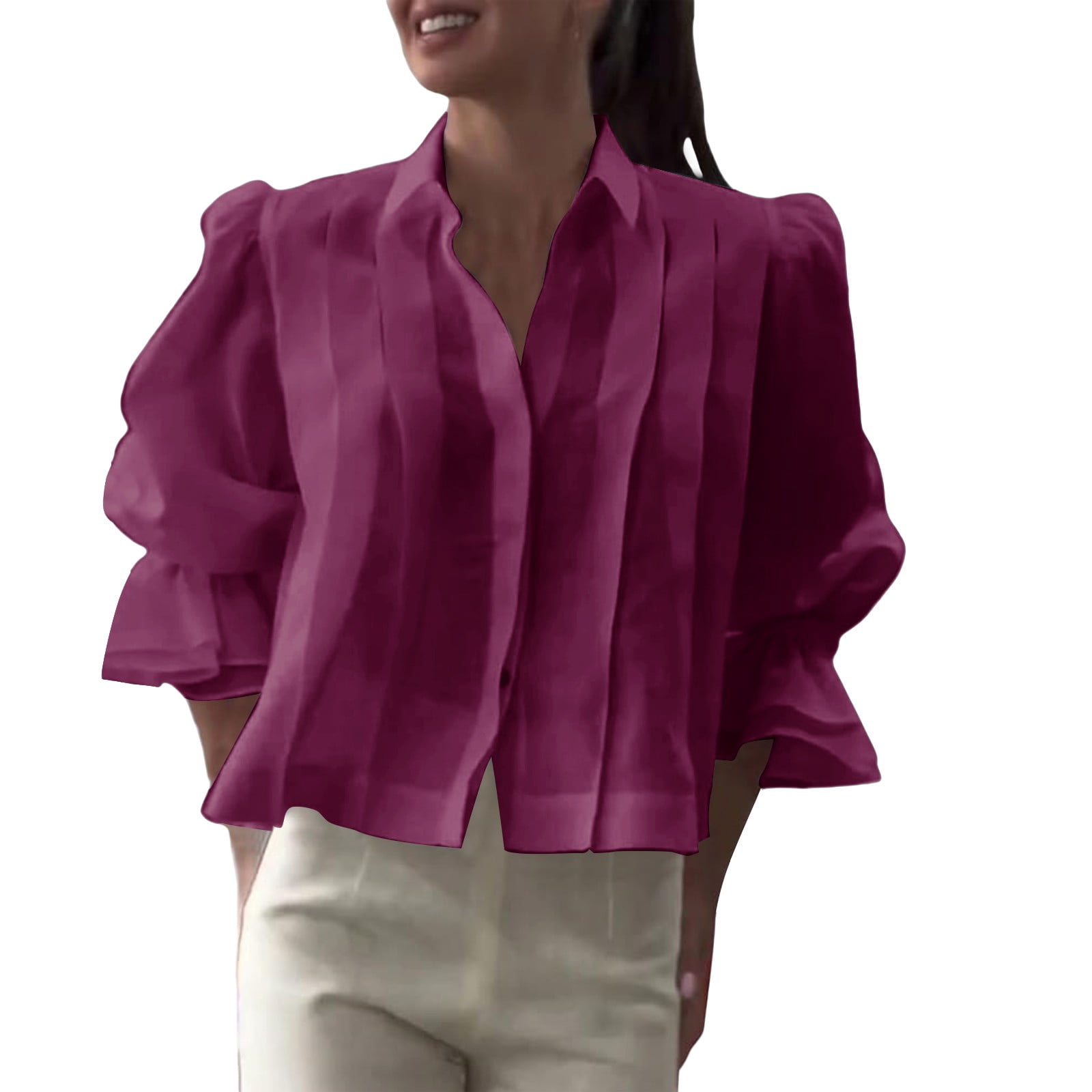 Holzkary Fall Tops for Women 2025 Half Puff Sleeve Shirt for Women ...