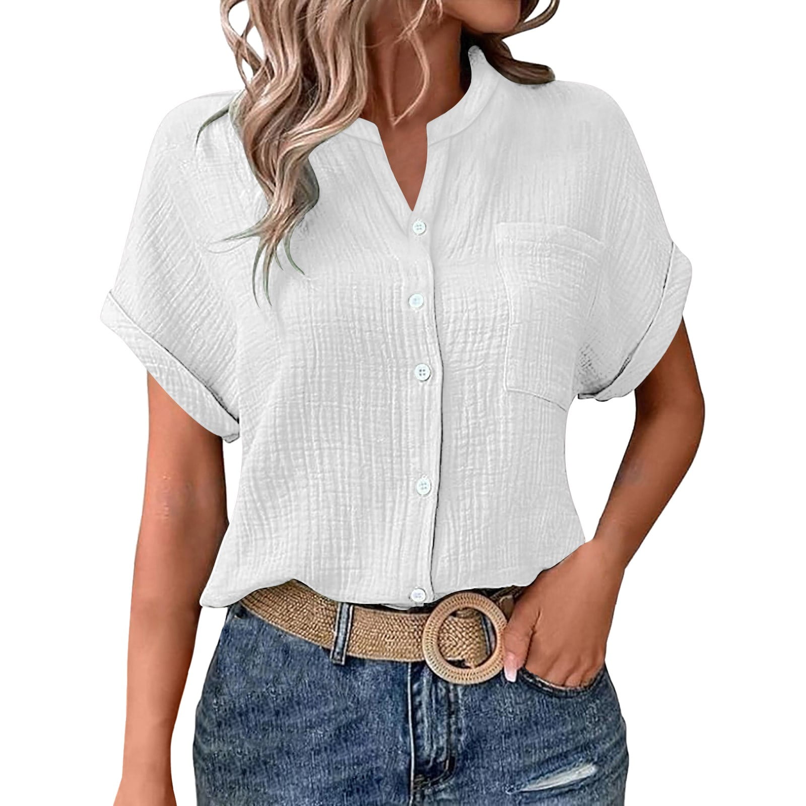 Holzkary Linen Shirts for Women Blouses Tops Batwing Sleeve Pocket ...