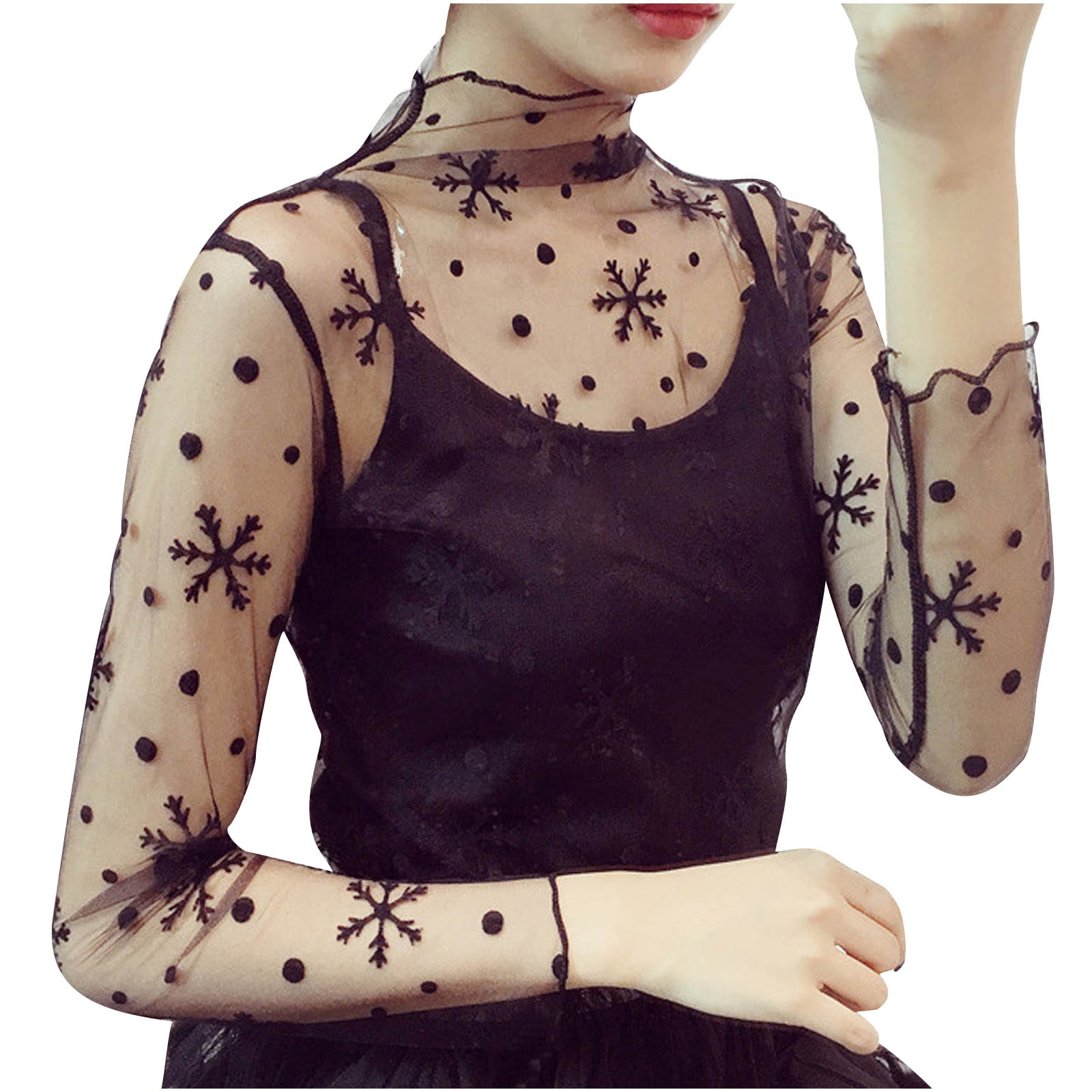 Holzkary Mesh Long Sleeve Top for Women, Lace Sheer Tops See Through ...