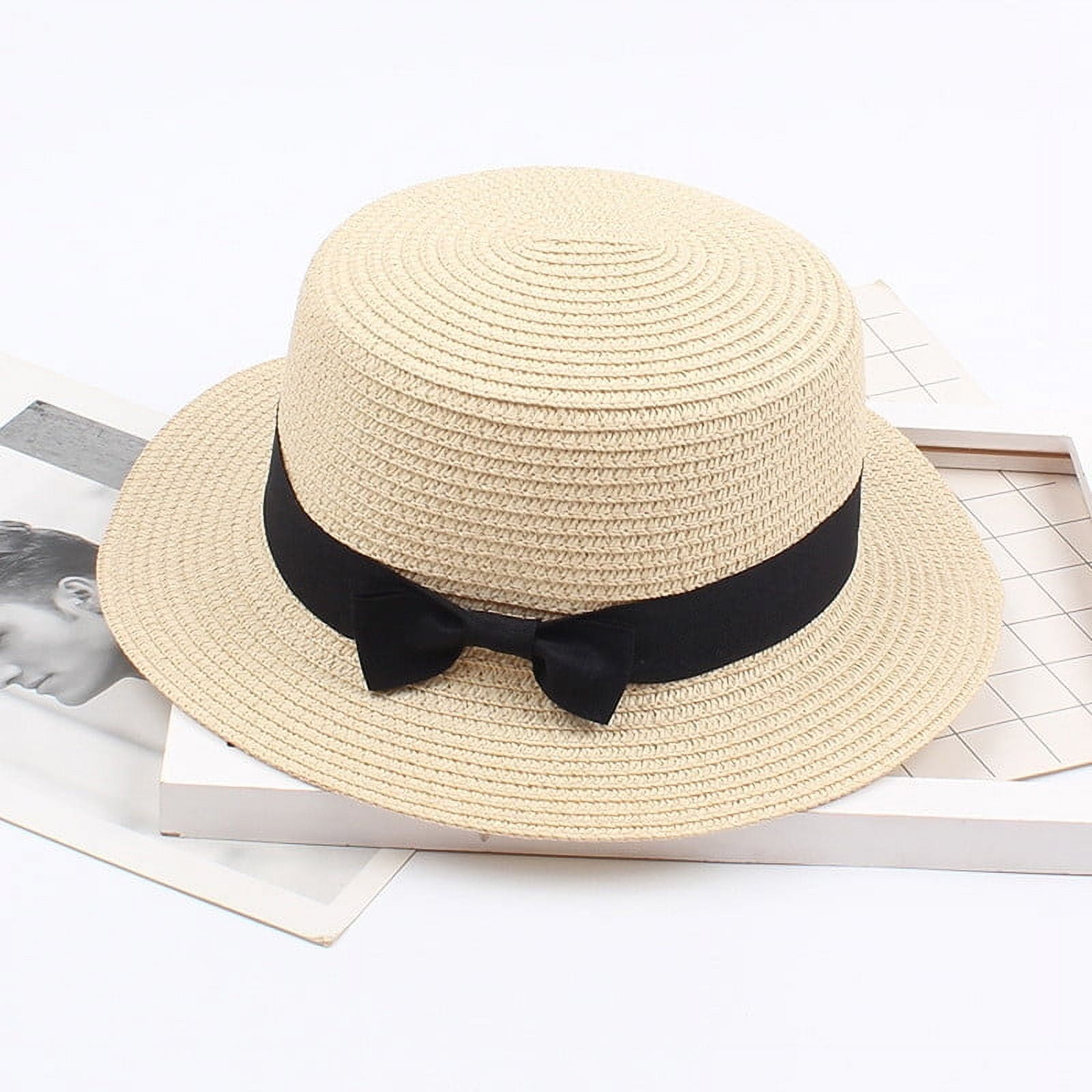 Holzkary Women Straw Boater Hat Summer Beach Sun Sailor Bowler Cap ...