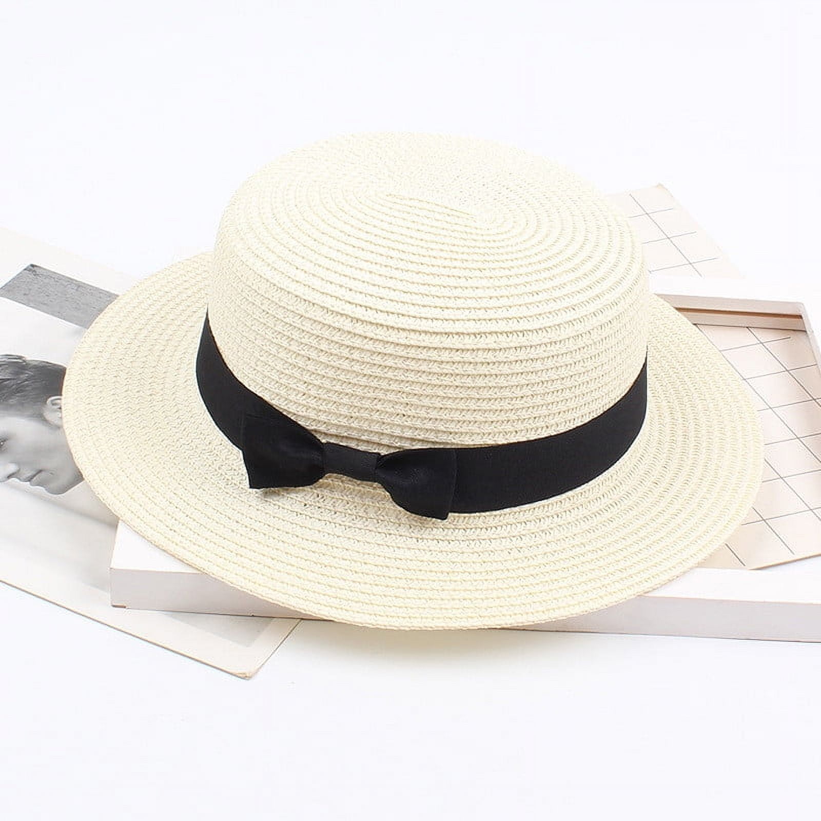 Holzkary Women Straw Boater Hat Summer Beach Sun Sailor Bowler Cap ...