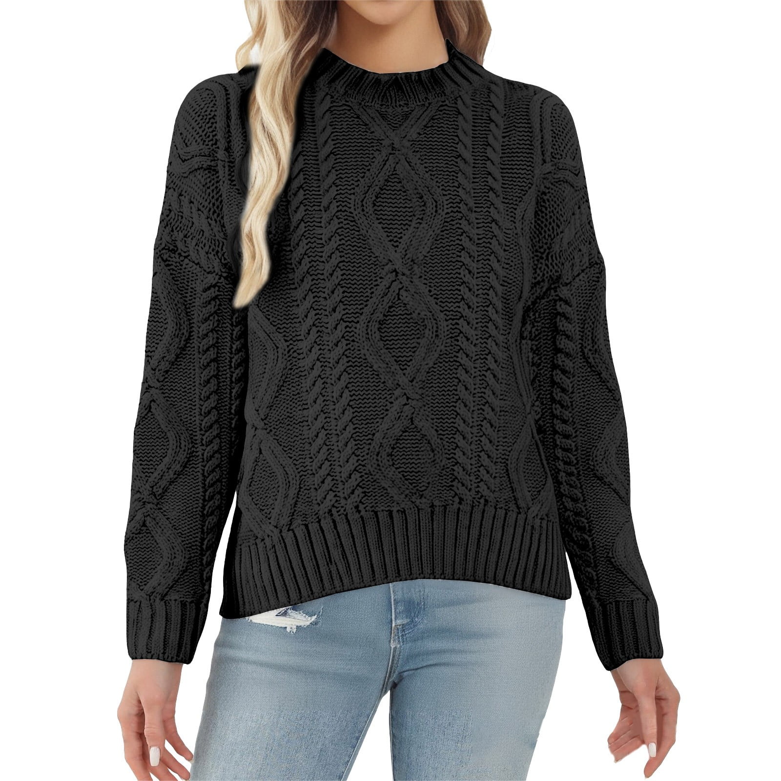 Holzkary Women's Oversized Cable Knit Crewneck Sweaters Crewneck Cable ...
