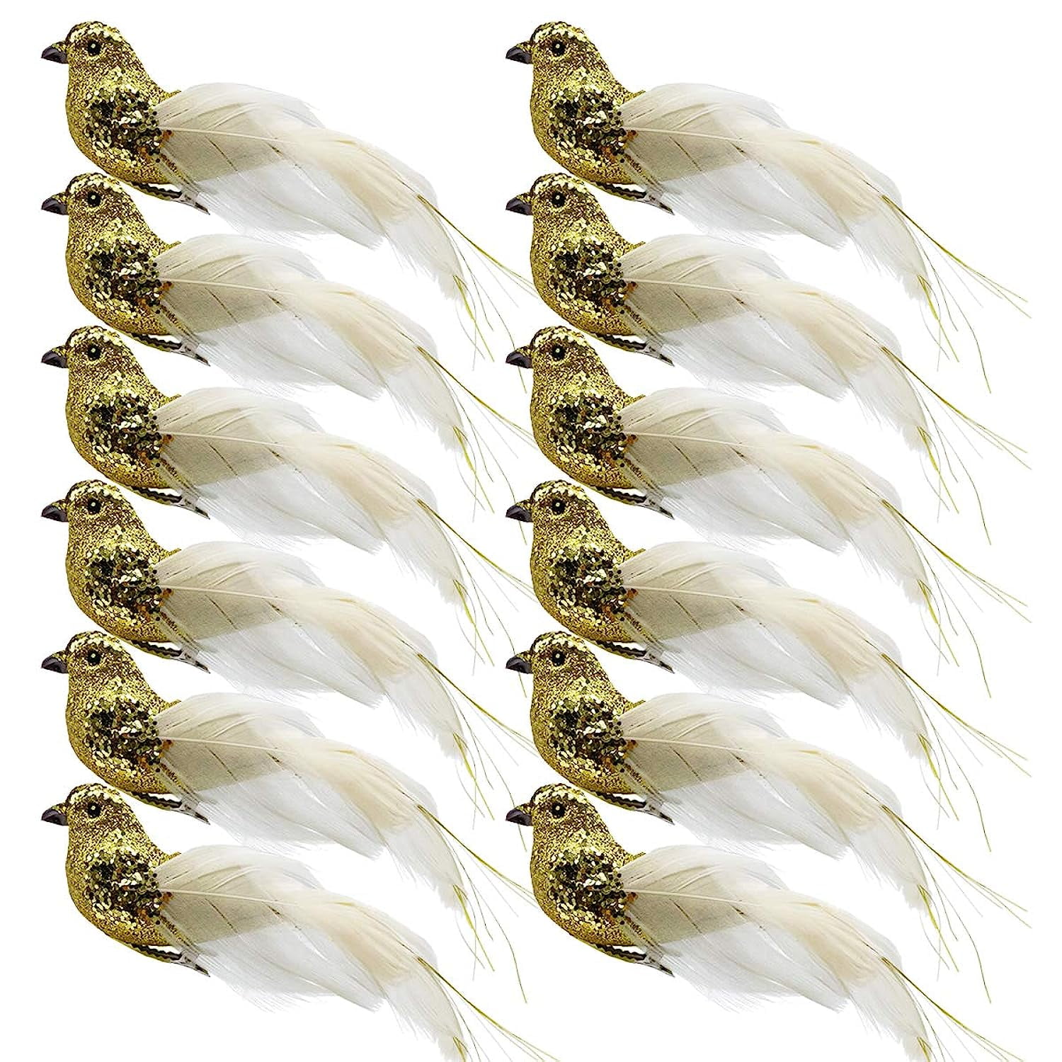 Holzlrgus 12pcs Gold Glitter Artificial Birds Sequin Clip on Bird ...