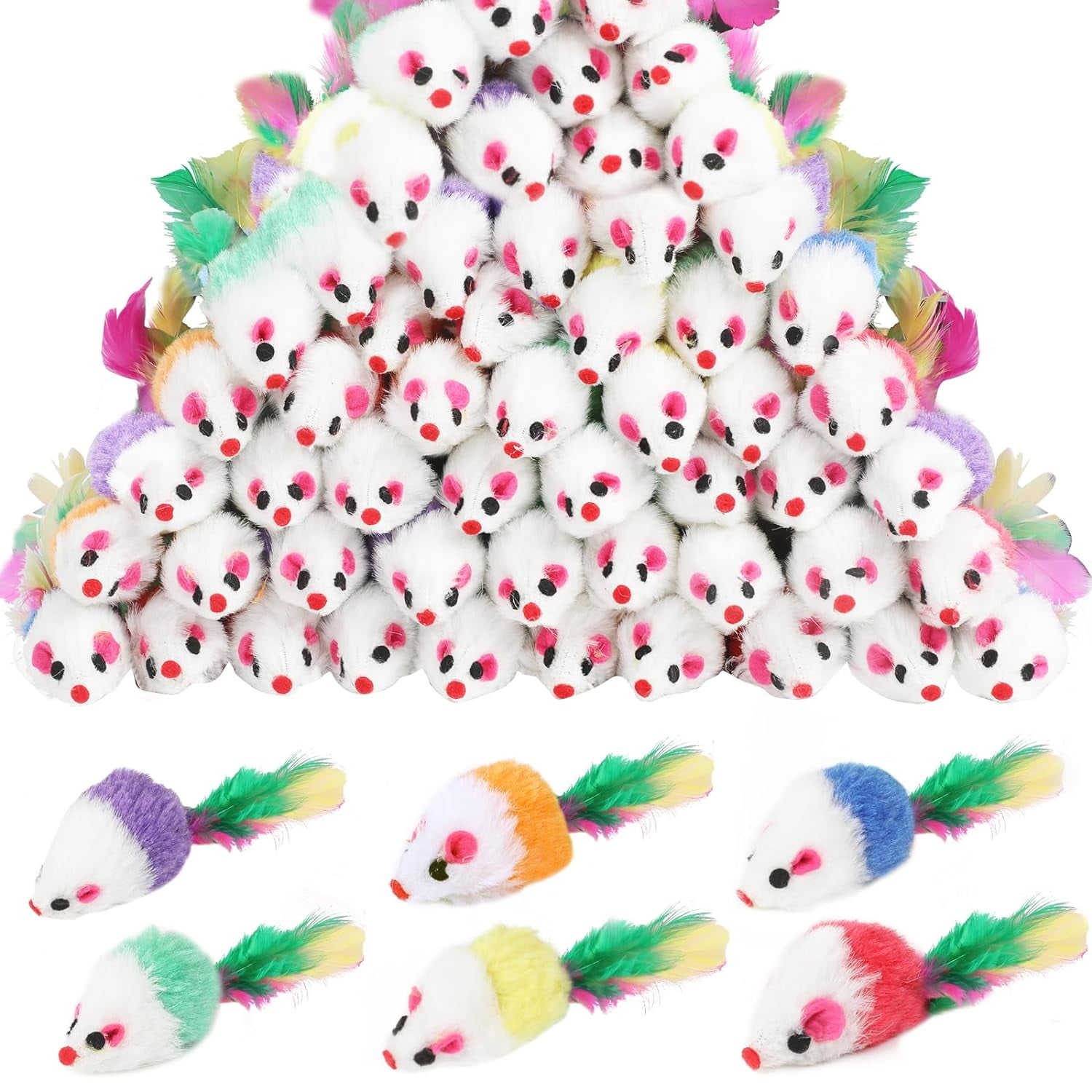 Holzlrgus 60Pcs Cat Mouse Toys Assorted Colors Furry Pet Cat Toy Mice ...