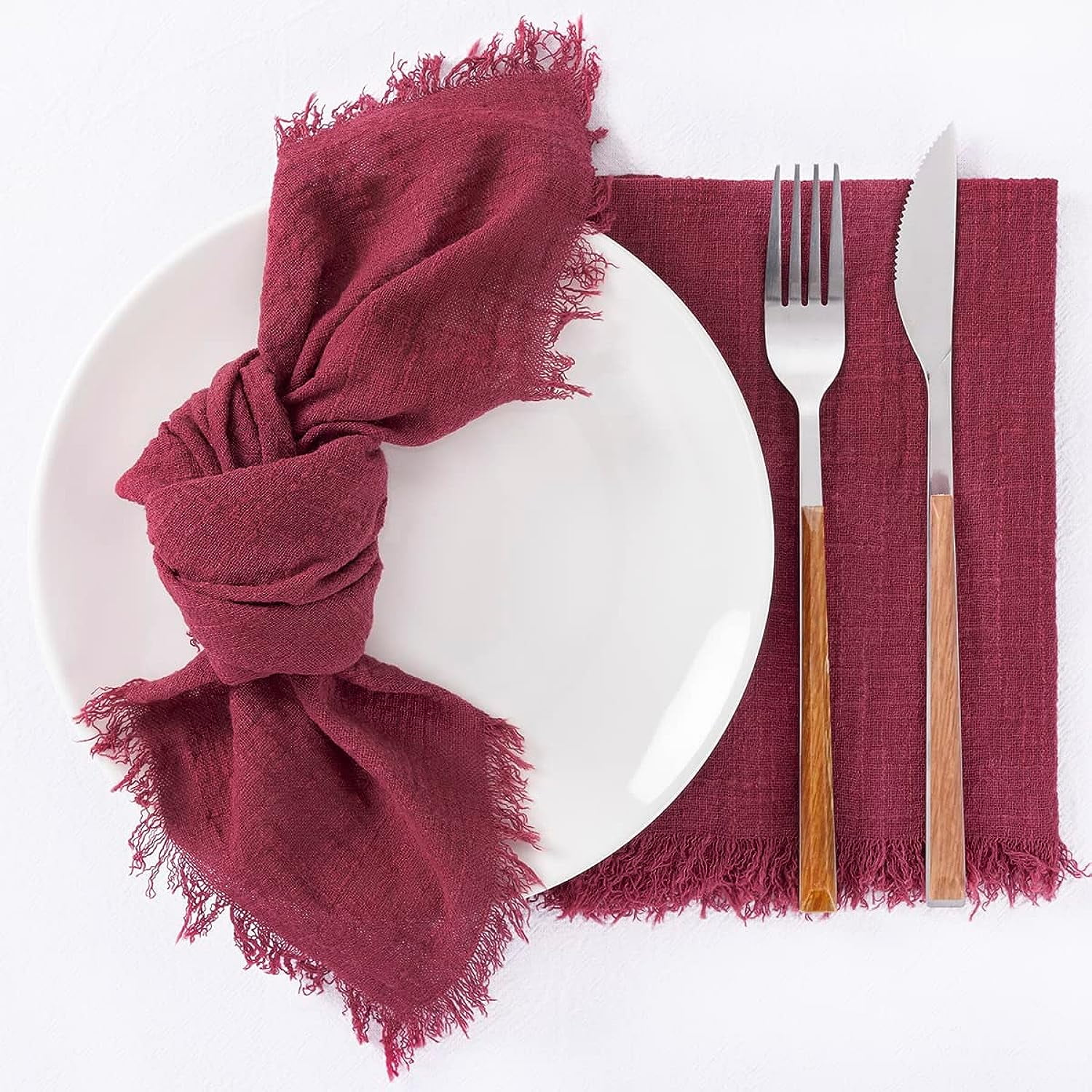 Holzlrgus Handmade Cloth Napkins with Fringe Set of 8 Burgundy Cotton ...