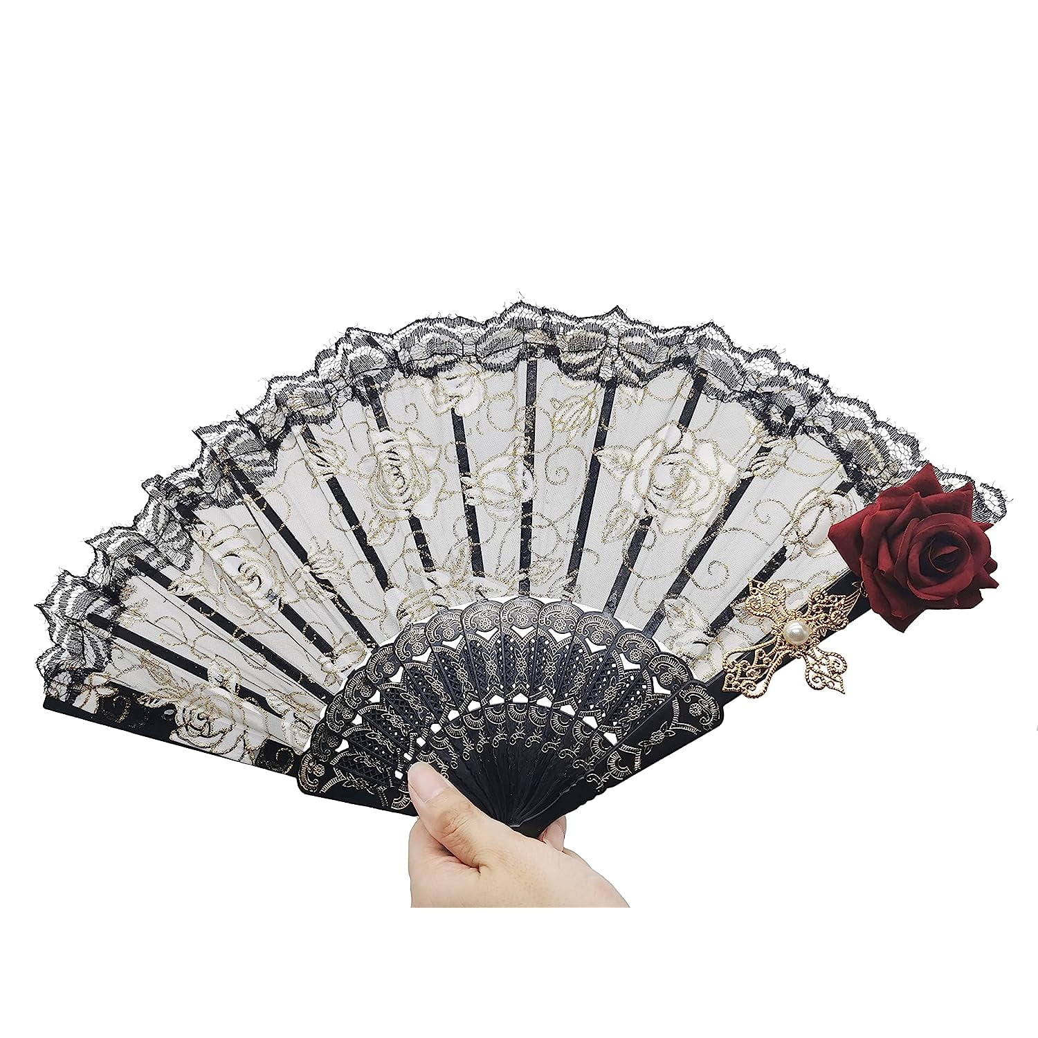 Holzlrgus Lace Handheld Fan Gorgeous European Style Rose Folding Fan ...