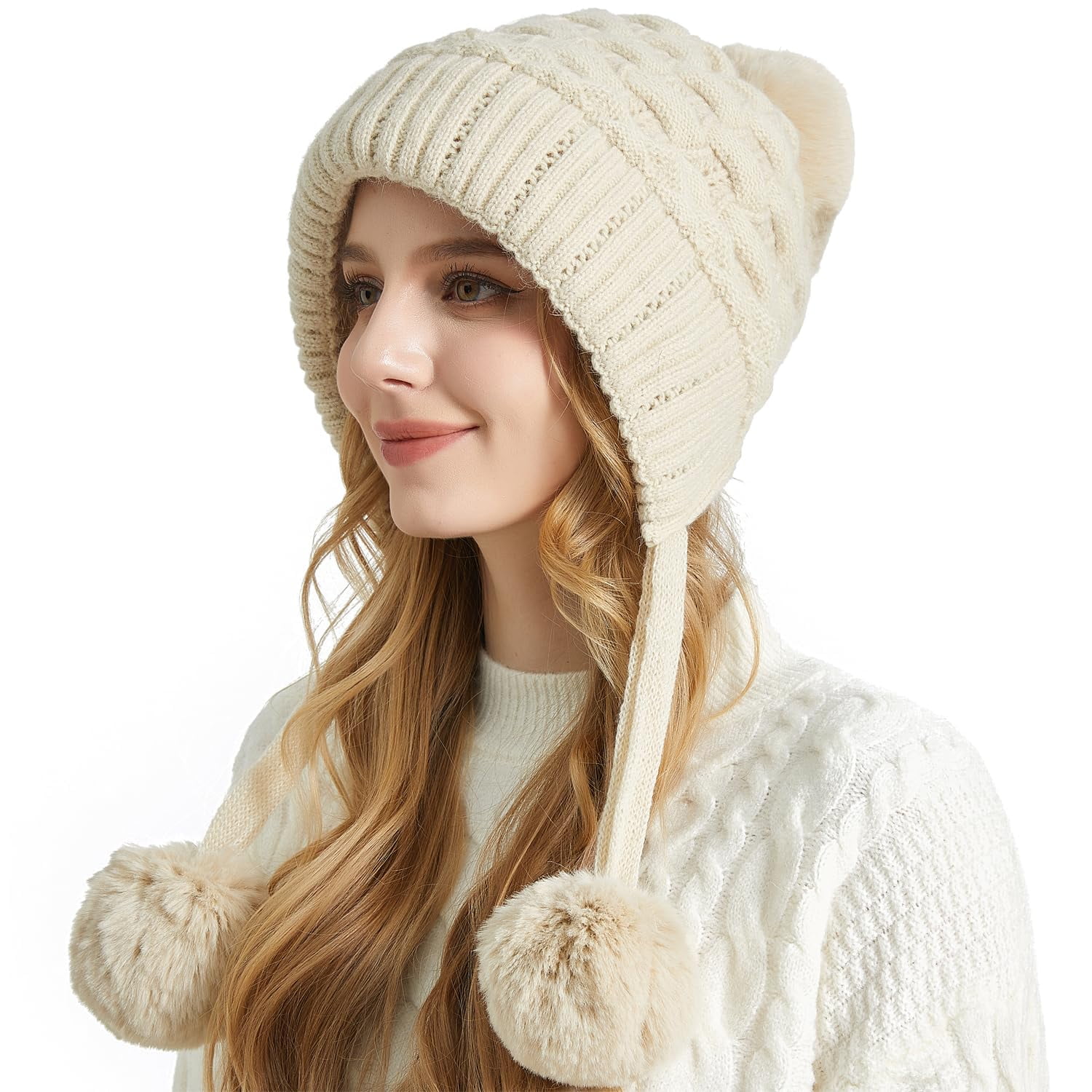 Holzlrgus Women Winter Sherpa Beanie Hats Knit Ear Flaps Peruvian Cover ...