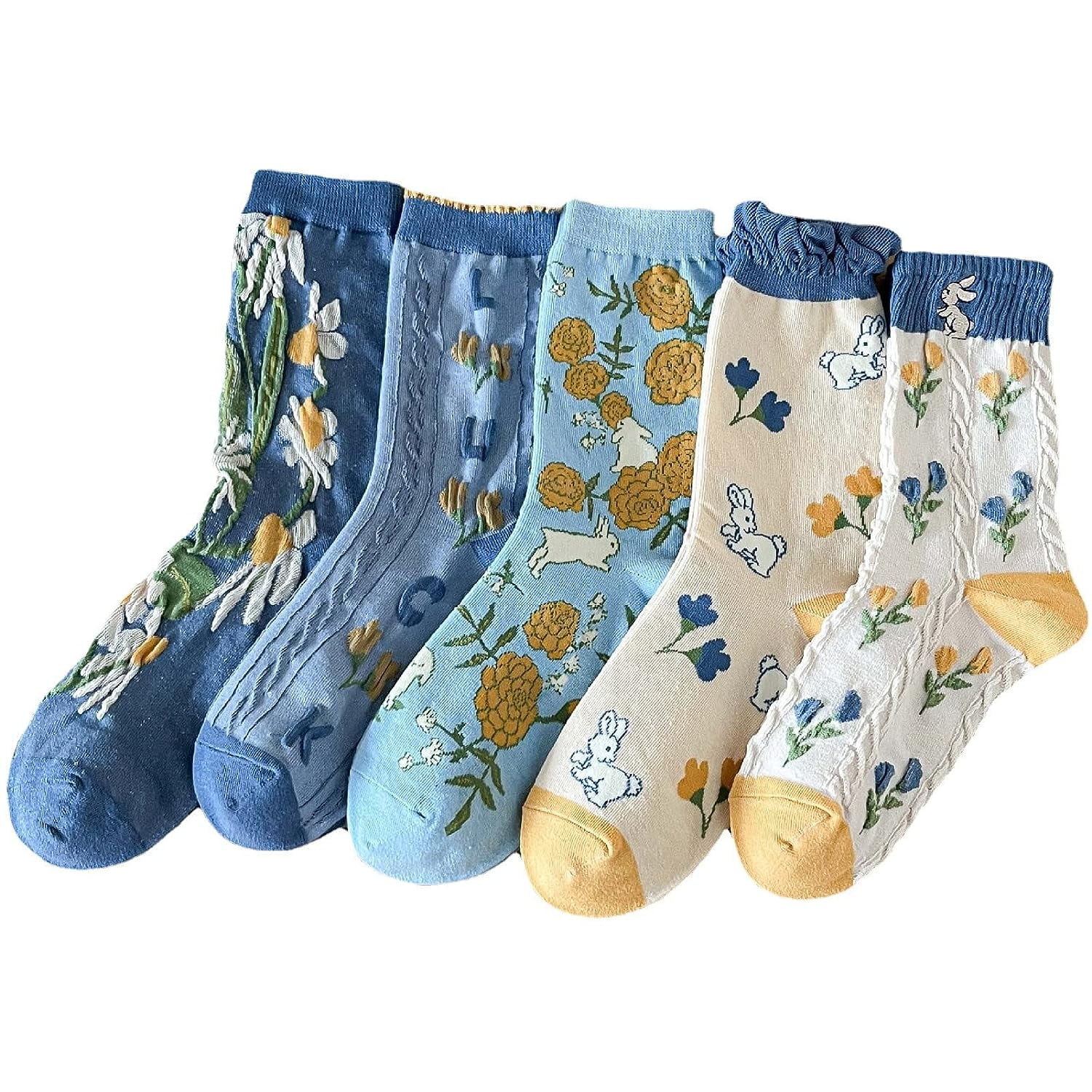 Holzlrgus Women's Cute Vintage Floral Patterned Cotton Crew Socks Teen ...