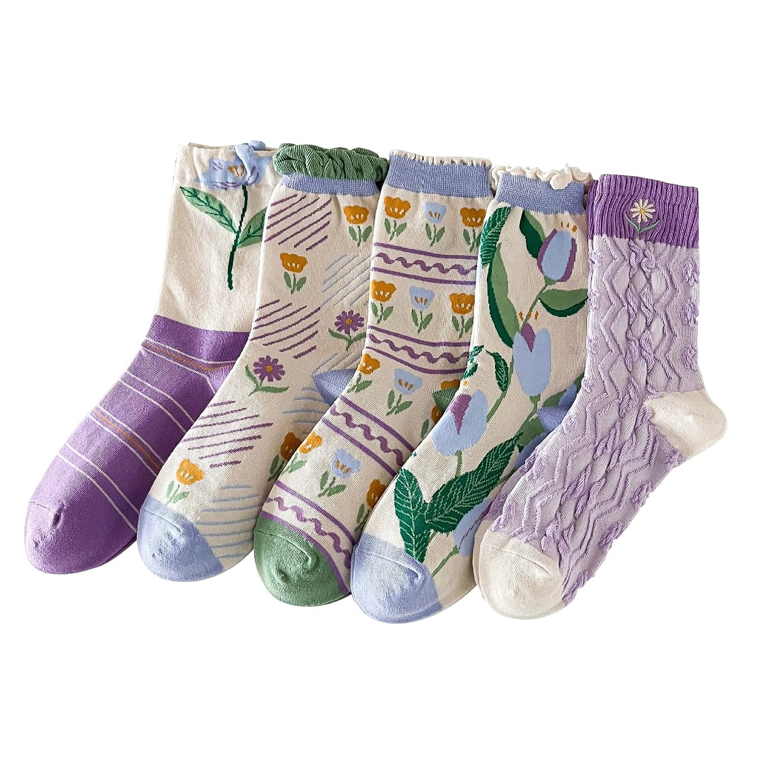 Holzlrgus Women's Cute Vintage Floral Patterned Cotton Crew Socks Teen ...