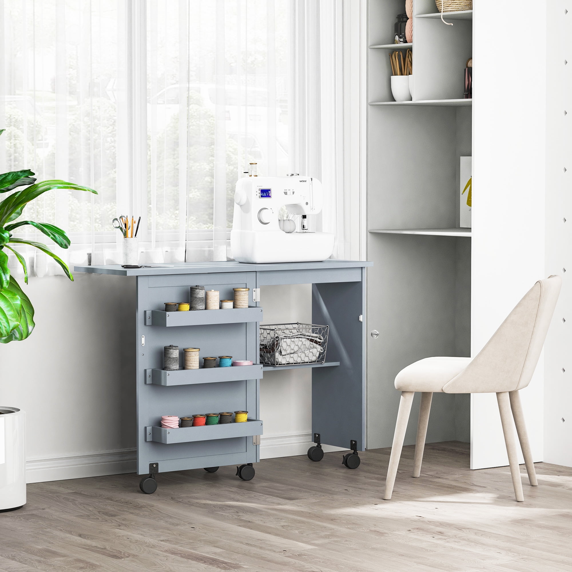 HomCom 46" Drop Leaf Mobile Sewing Table with 3-Tier Storage Bins ...