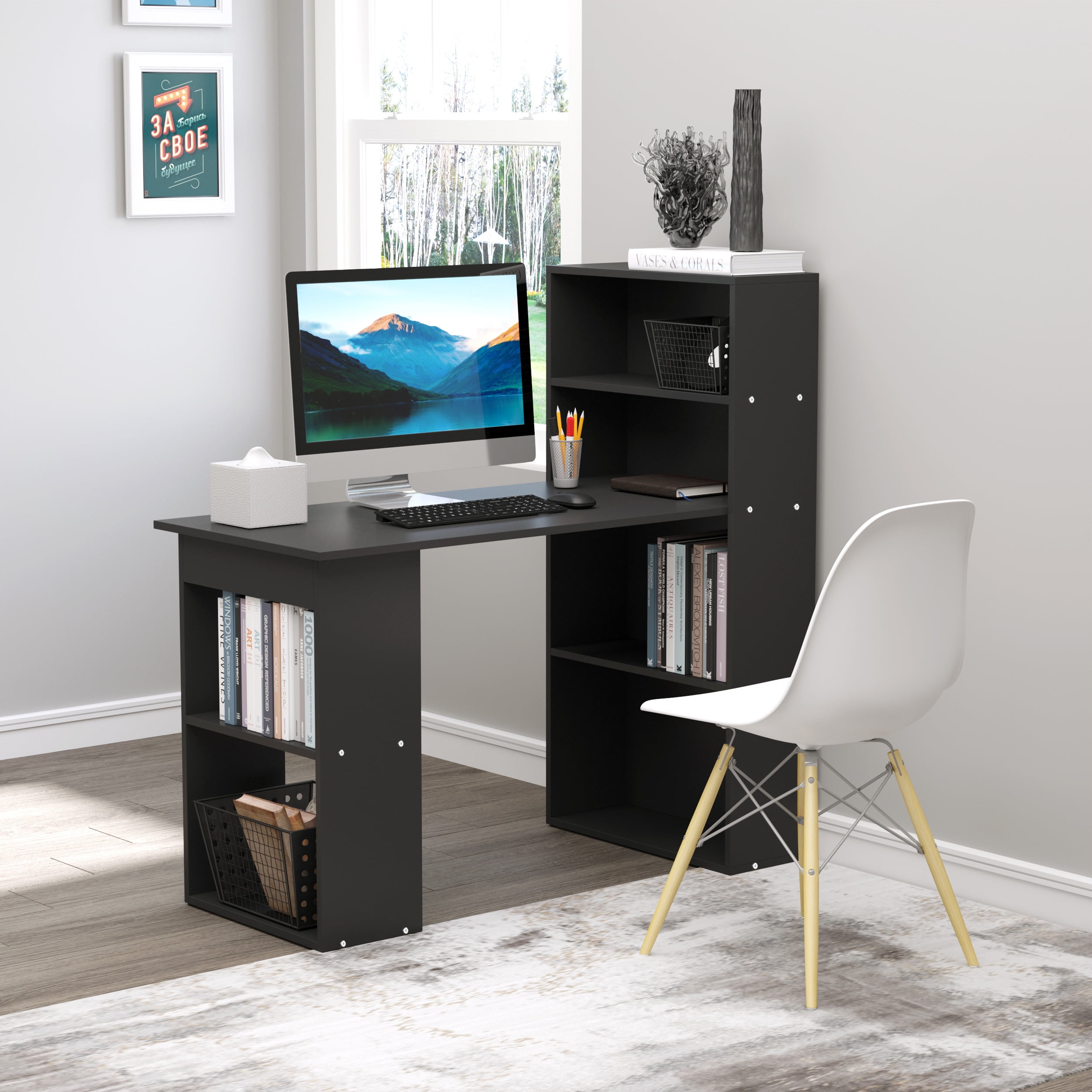 "HomCom 47"" Office Compact Computer Desk Hutch with Ample Storage ...