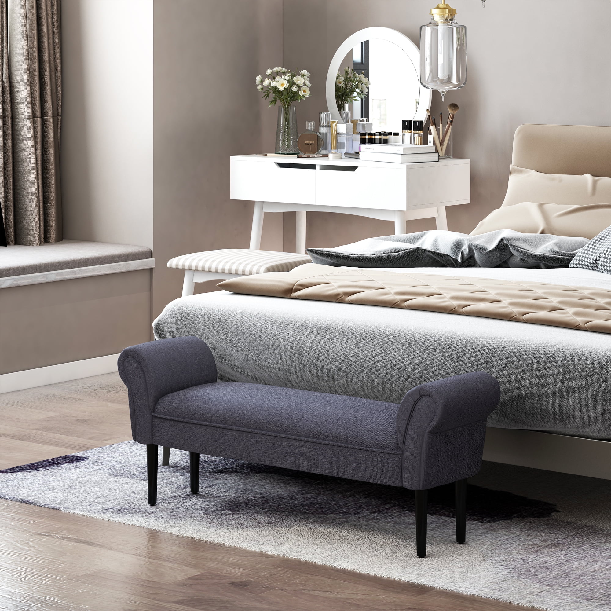 HomCom 52” Deluxe Bed Rolled Arm Bench Bed End Chair Gray Fabric Home ...