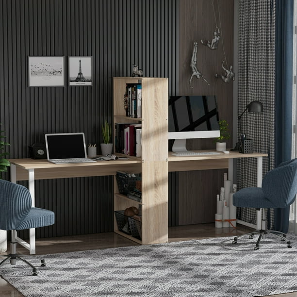 HomCom 88" Extra Long 2-Person Computer Desk with Bookshelf Combo ...