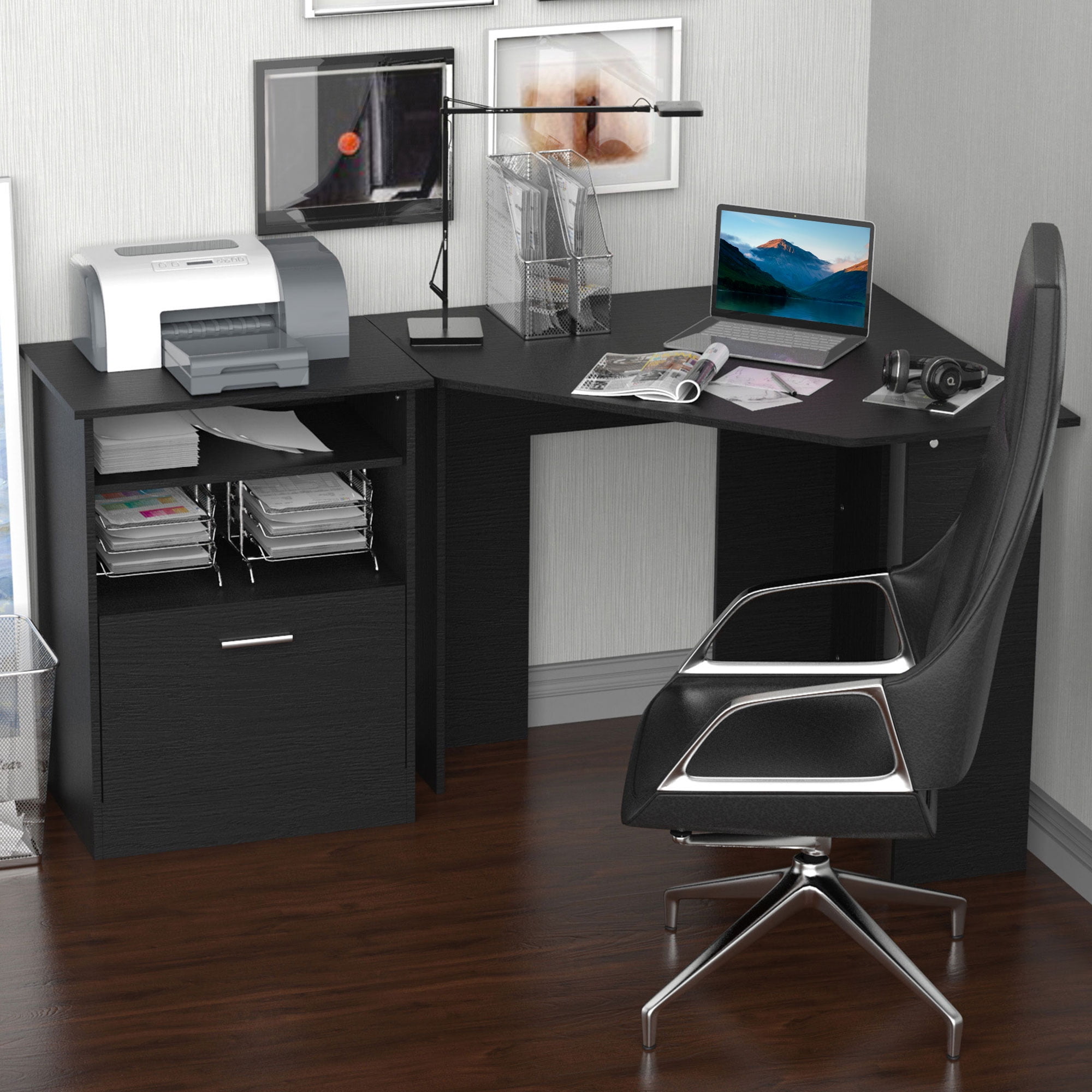 HOMCOM L Shaped Computer Desk with Drawers Shelf Printer Cabinet Ideal for Small Spaces Cherry Walmart