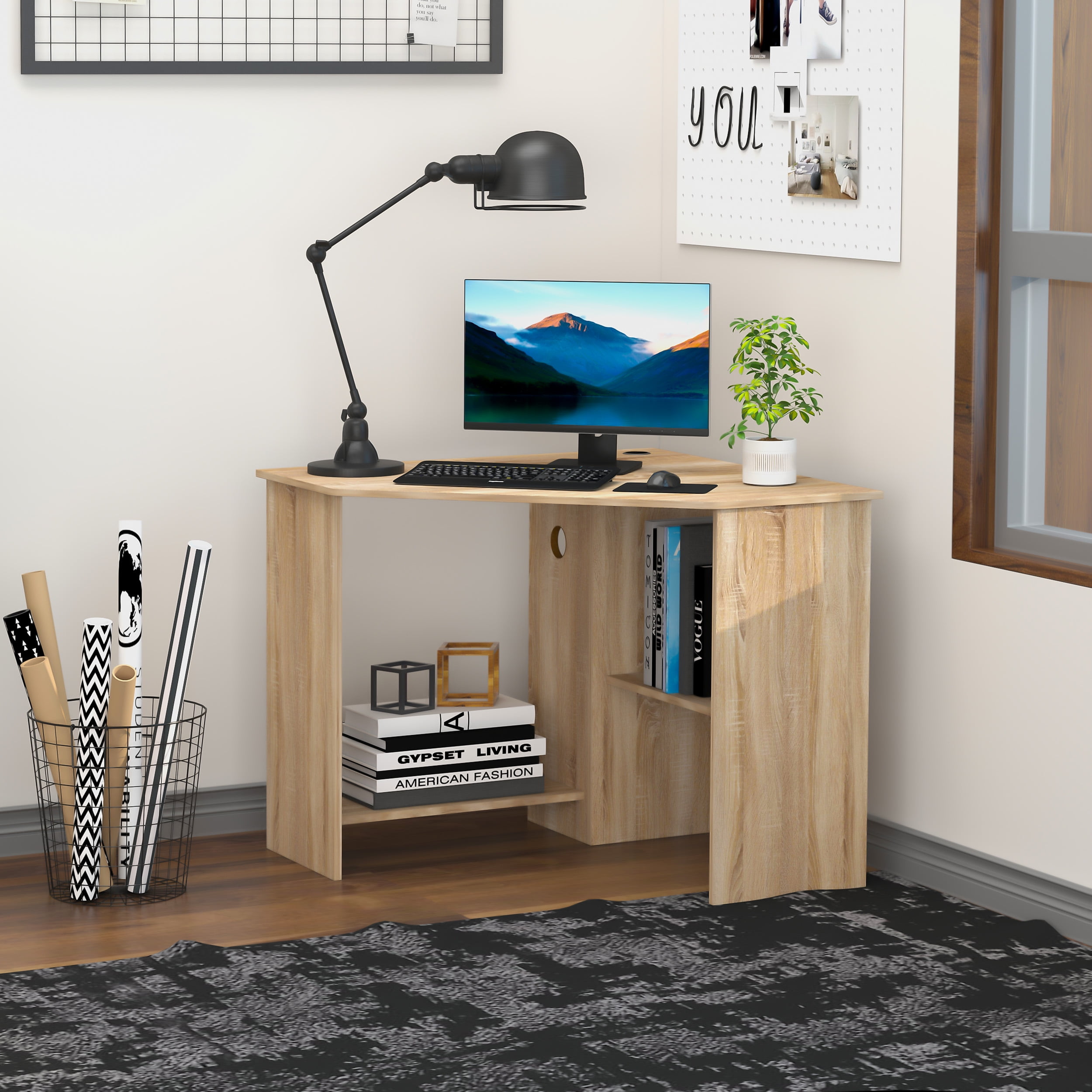 HomCom Student Corner Computer Desk with Worktop Shelves, Study Writing ...
