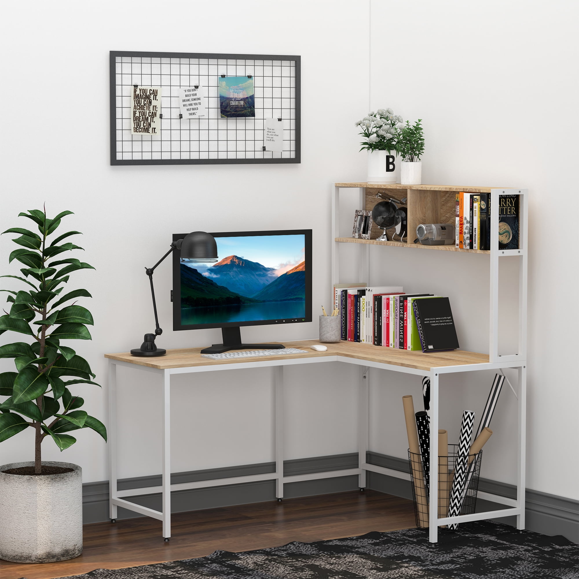 HomCom L-Shaped Solid Corner Home Office Desk with Hutch, Storage ...