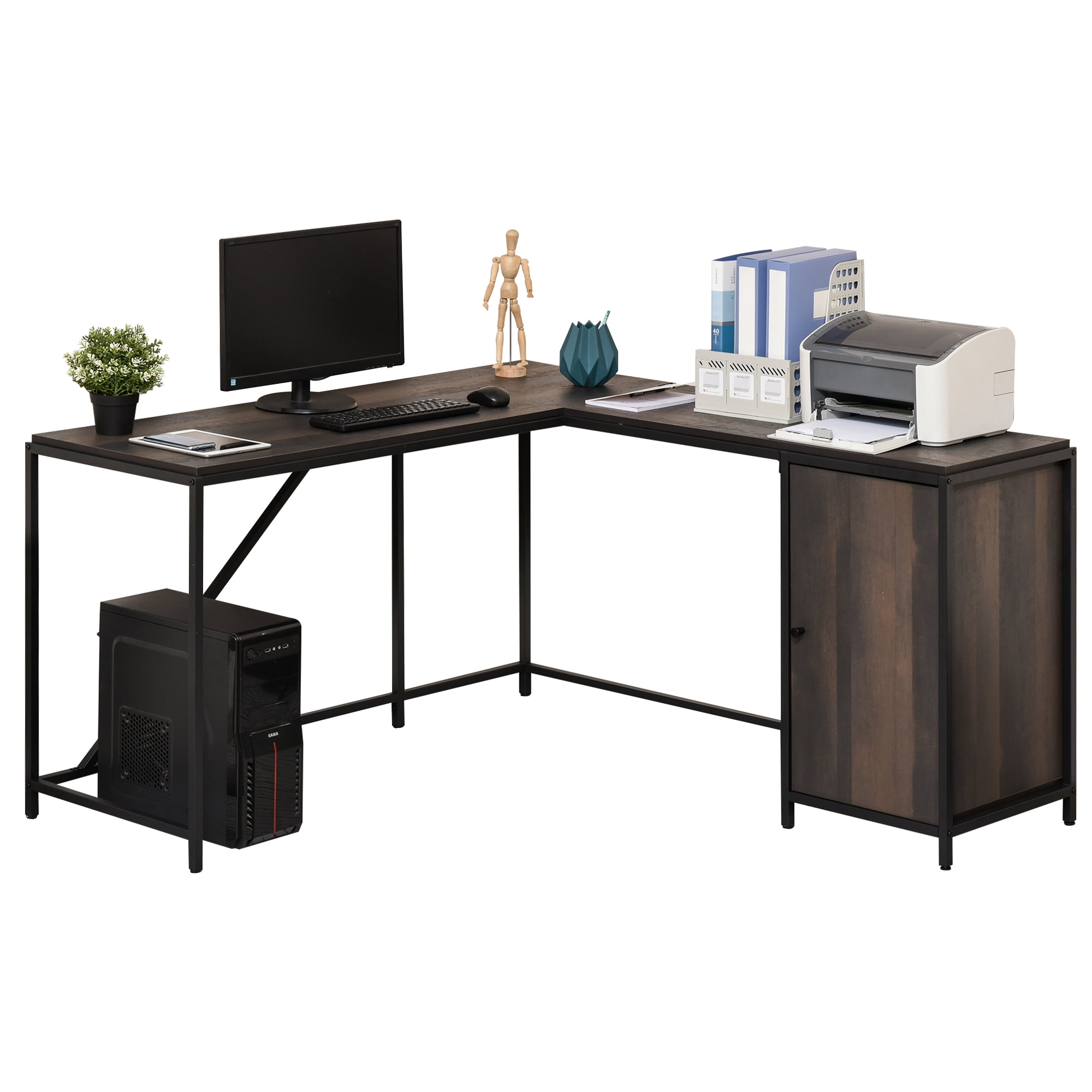 HomCom L-Shaped Computer Corner Desk with Storage Cabinet, Adjustable ...