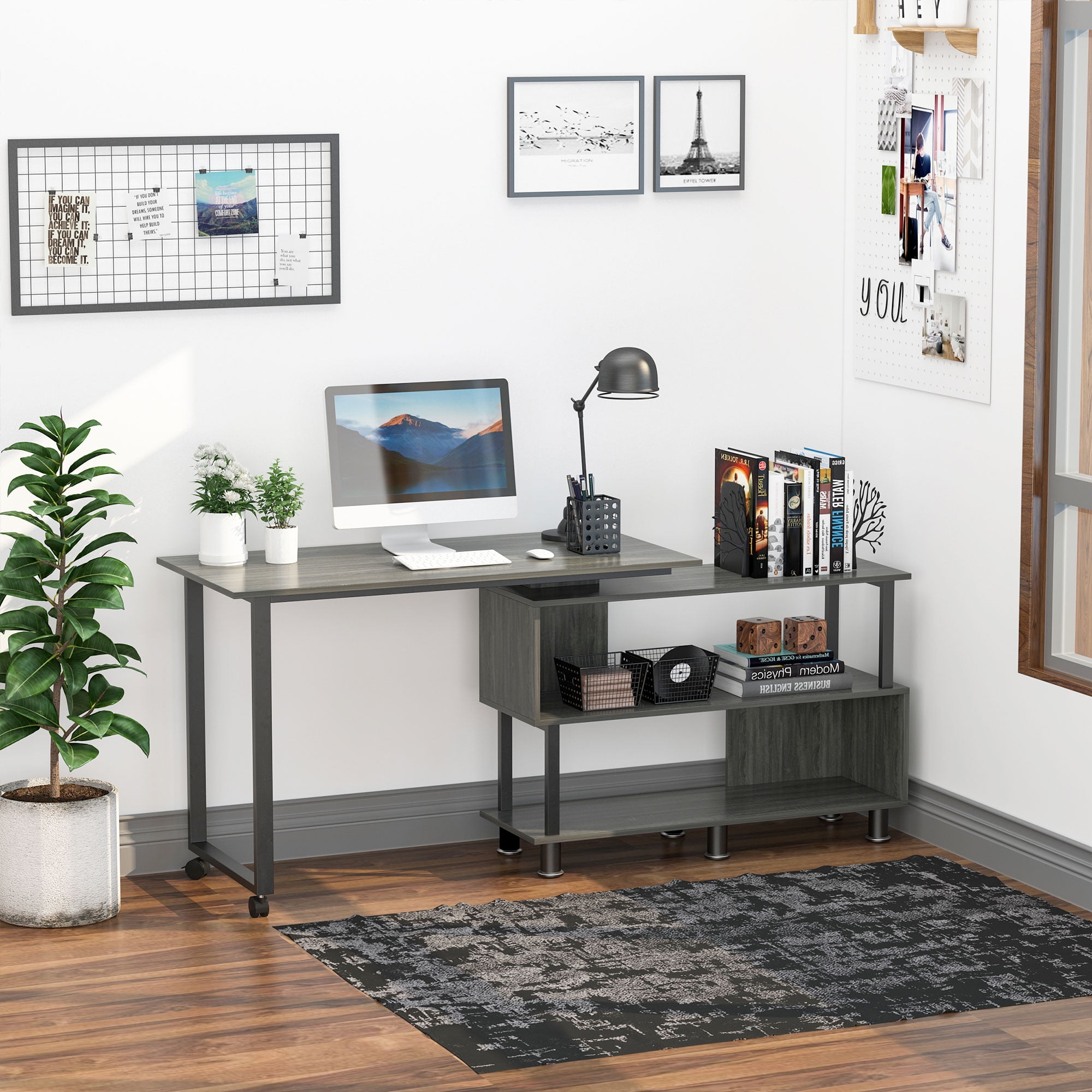 HomCom L-Shaped Rotating Computer Desk with Storage Shelves Rolling ...