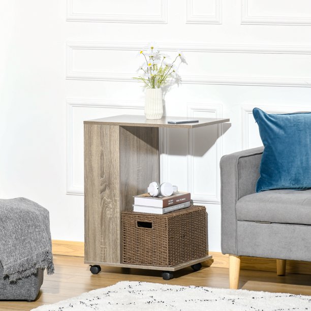 HomCom Rolling Beside Table Sofa Side Table Tray with Storage and ...