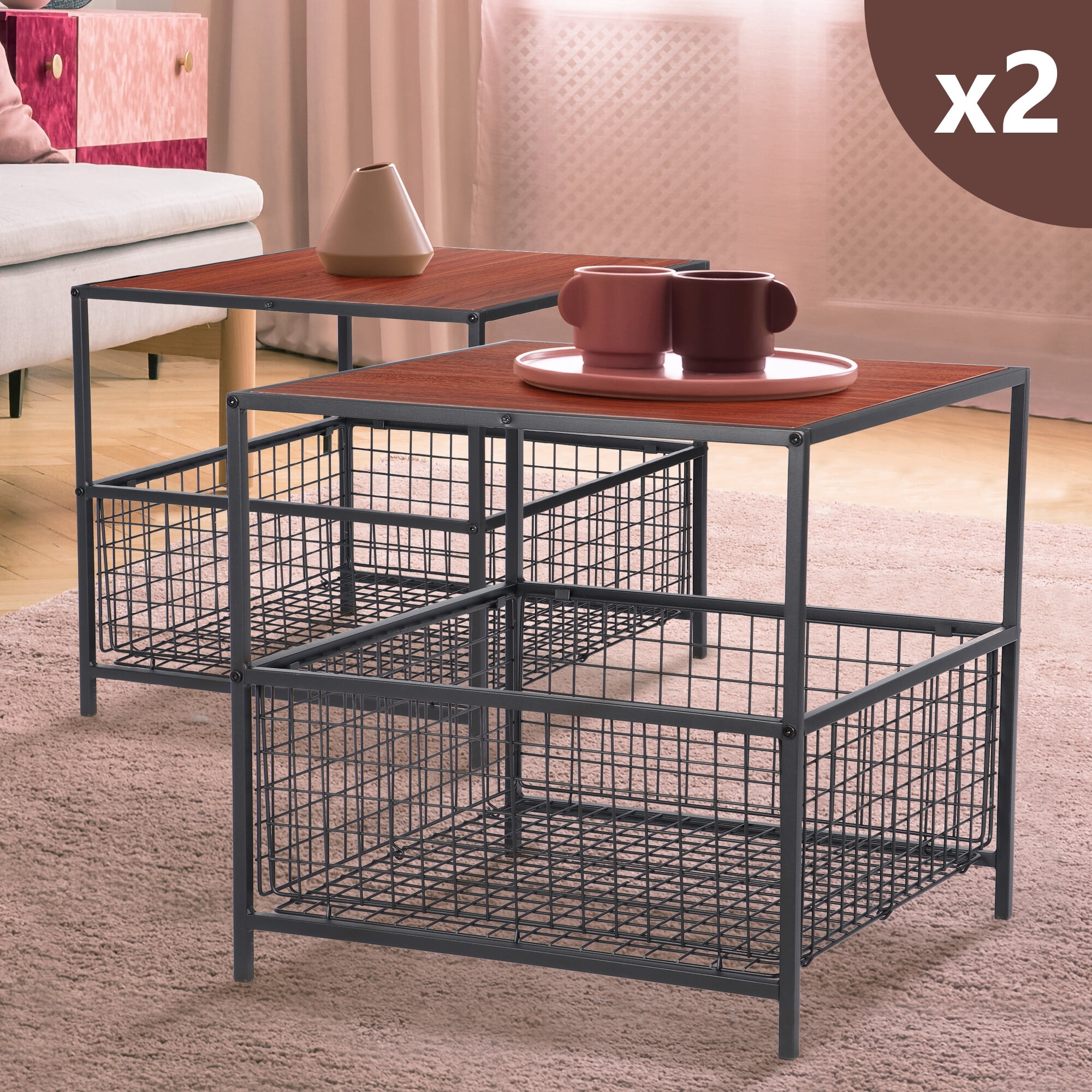 HomGarden 2 Pack 20'' Square End Table Coffee Table Steel Sofa Side ...