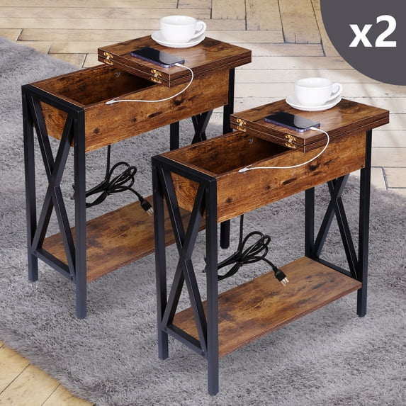 HomGarden Flip Top End Table, 2-Pack, 2-Shelf, Charging Station, Rustic ...