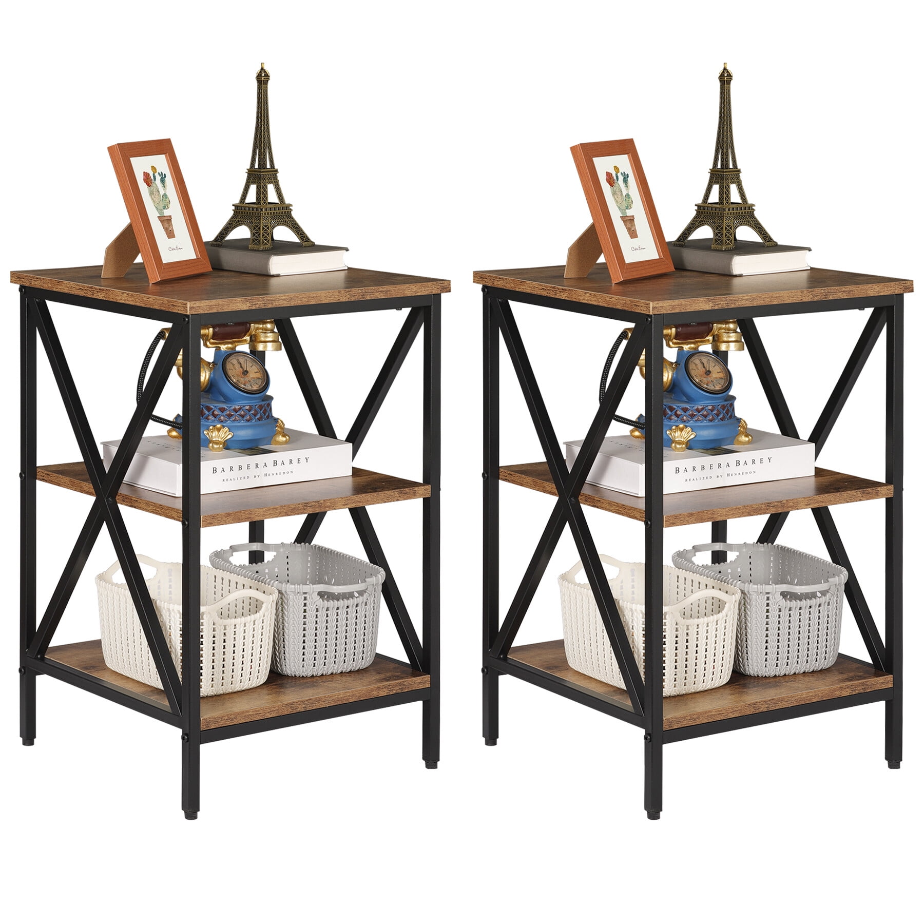 HomGarden 2-Pack Industrial End Table, 3-Tier Square Side Table, Rustic ...