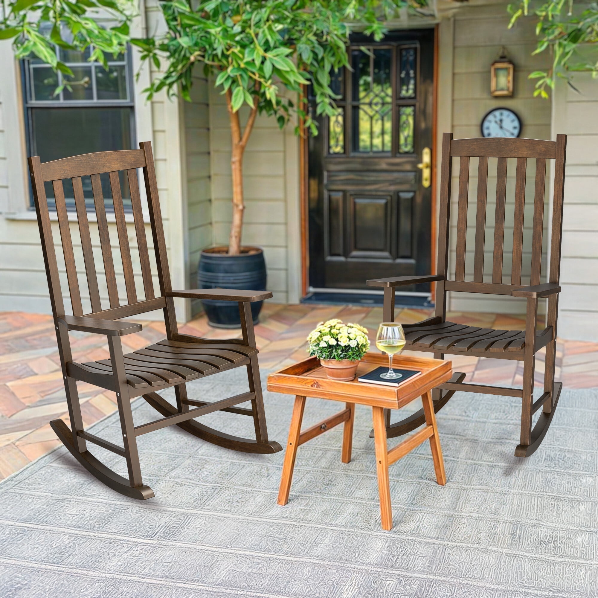HomGarden 2 Pack Patio Wood Rocking Chair Indoor Outdoor Rocker All ...