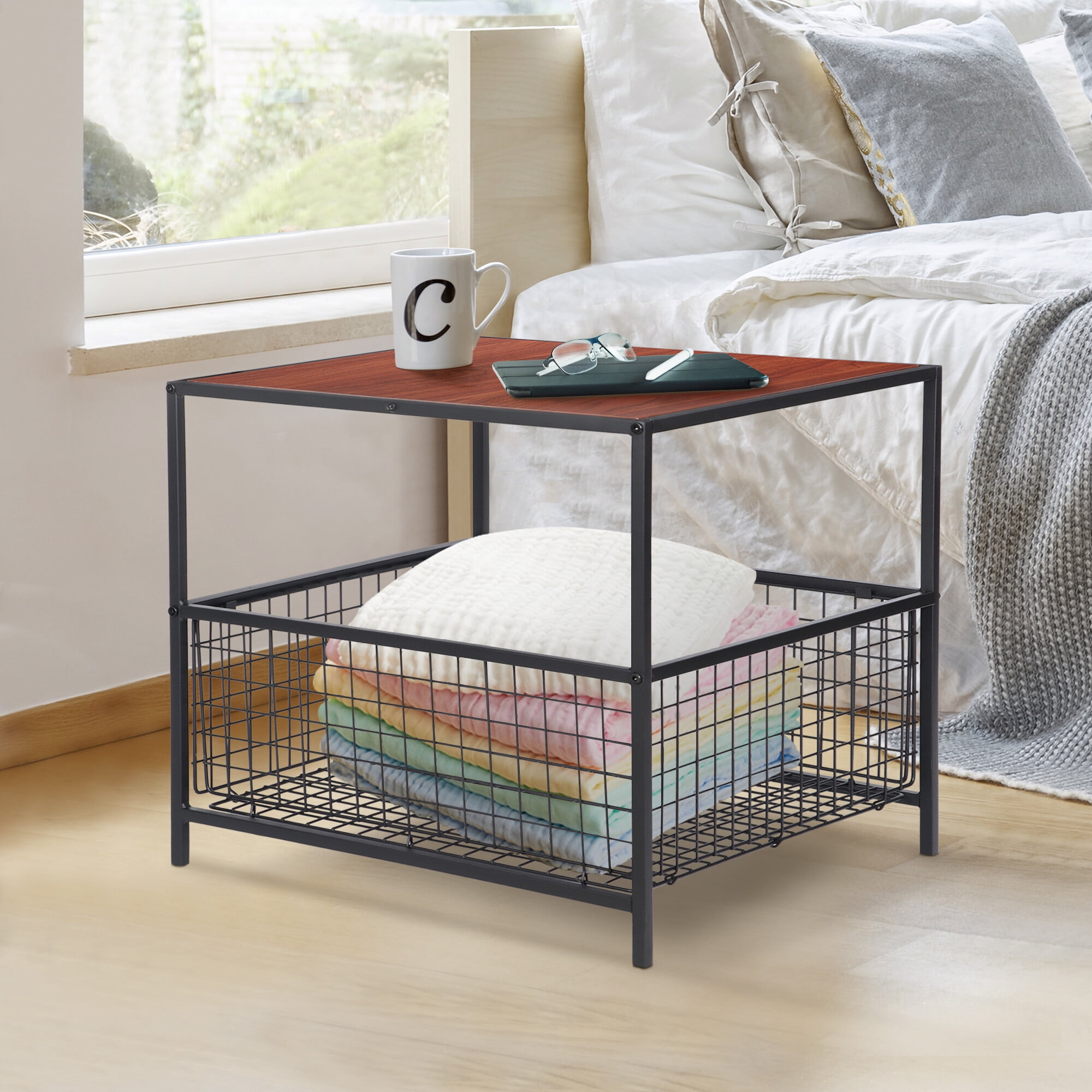 HomGarden 20'' Living Room Wooden Square End Table with Wire Storage ...