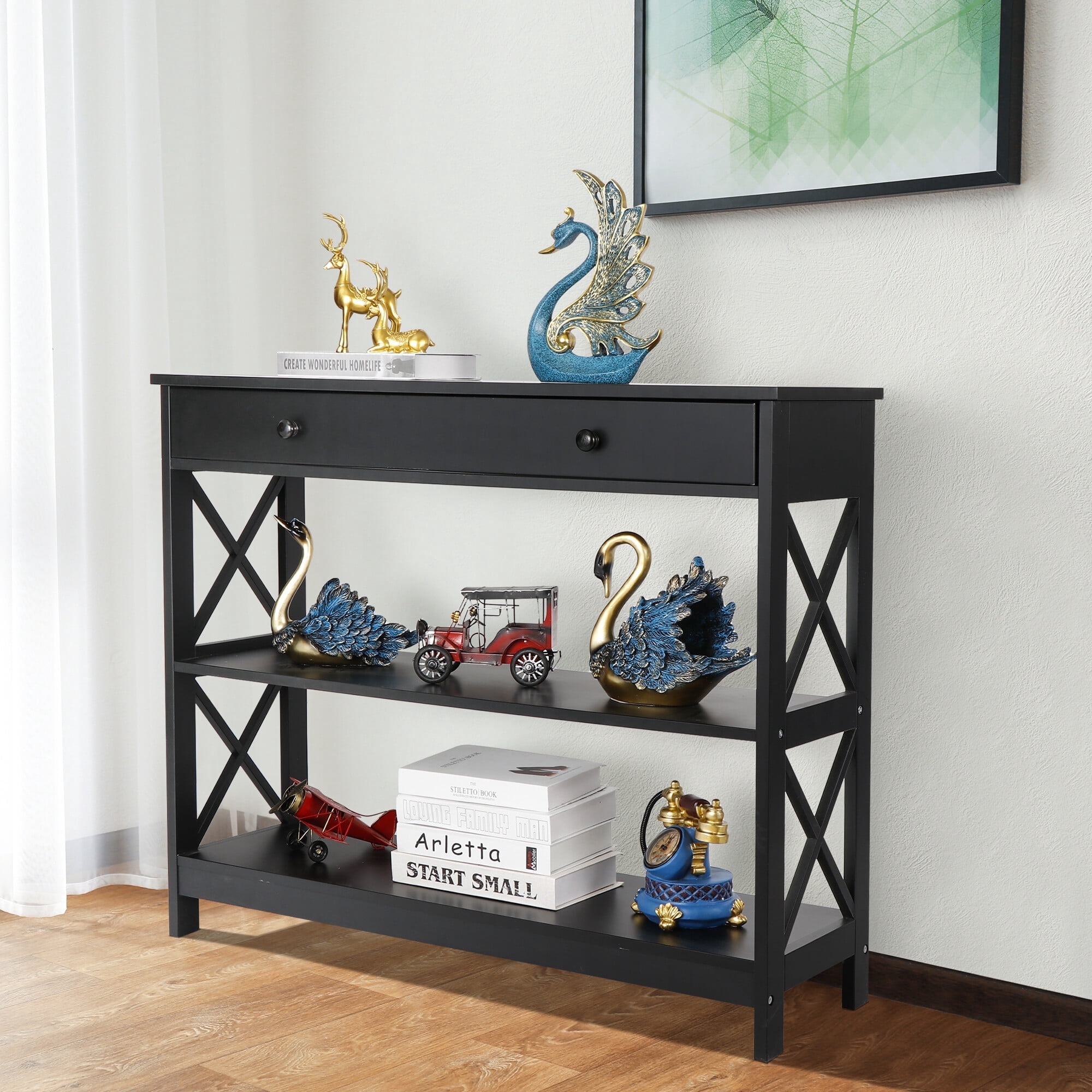 HomGarden Console Table, 3-Tier Narrow MDF Entryway Table with Drawer ...