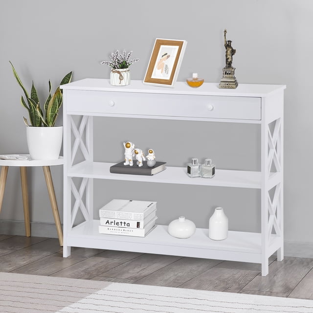 HomGarden Slim 3-Tier White Console Table with Storage Drawer & Shelves ...