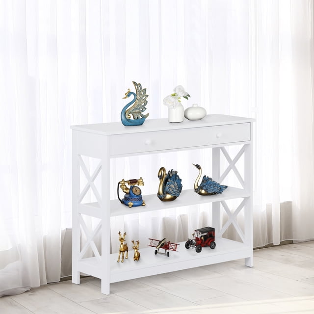 HomGarden Slim 3-Tier White Console Table with Storage Drawer & Shelves ...