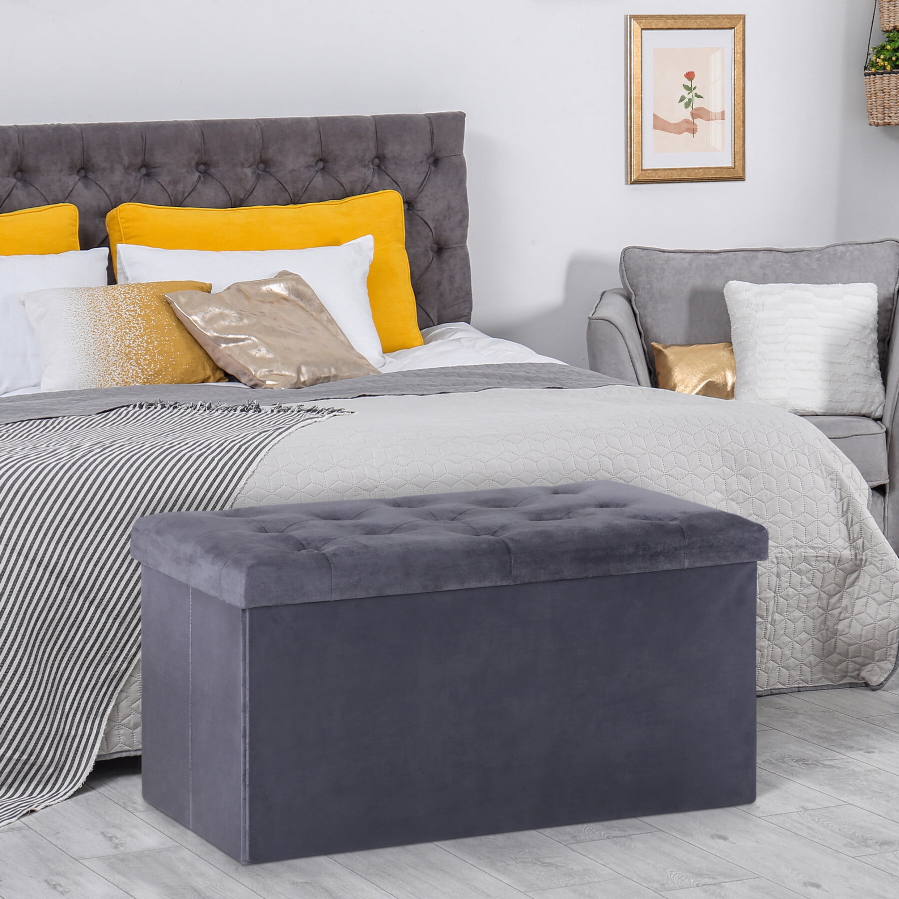 HomGarden 31.5'' Gray Velvet Ottoman Bench, Bedroom Bed End Chest ...